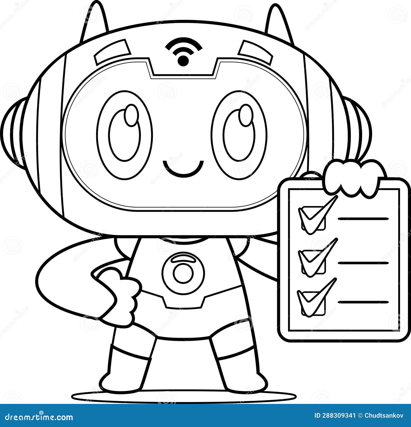 Outlined AI Robot Chat Bot Cartoon Character Holding Checklist on ... Outlined AI Robot Chat Bot Cartoon Character Holding Checklist on ...