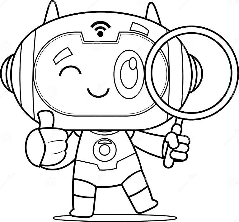 Outlined AI Robot Chat Bot Cartoon Character Looking through a ... Outlined AI Robot Chat Bot Cartoon Character Looking through a ...