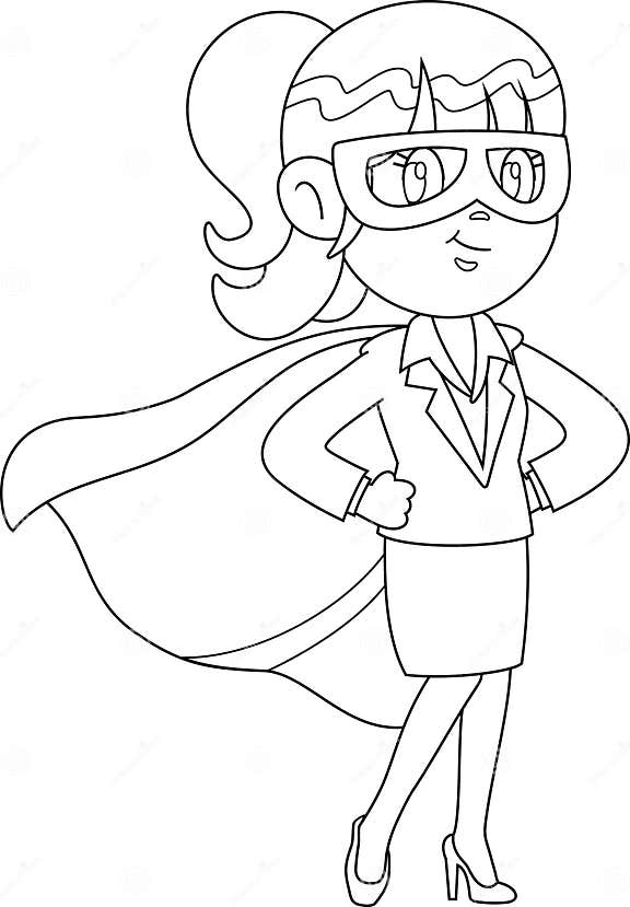 Outlined Business Woman Cartoon Character Superhero Stock Vector