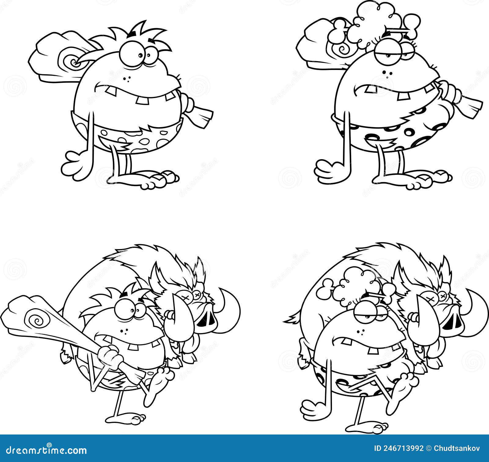 Outlined Caveman Cartoon Characters. Vector Hand Drawn Collection Set ...