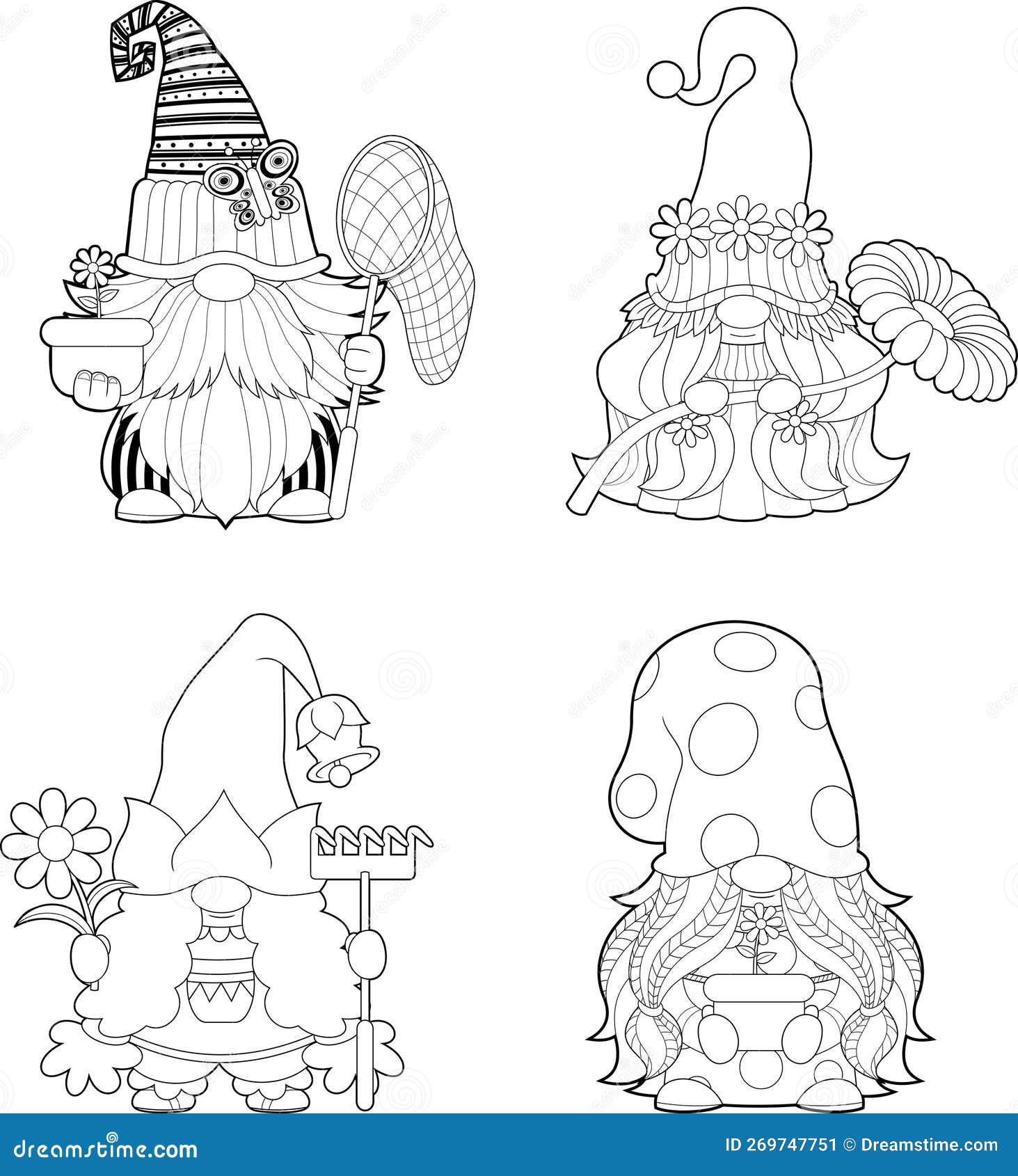 Outlined Cute Spring Gnomes Cartoon Characters in Different Poses ...