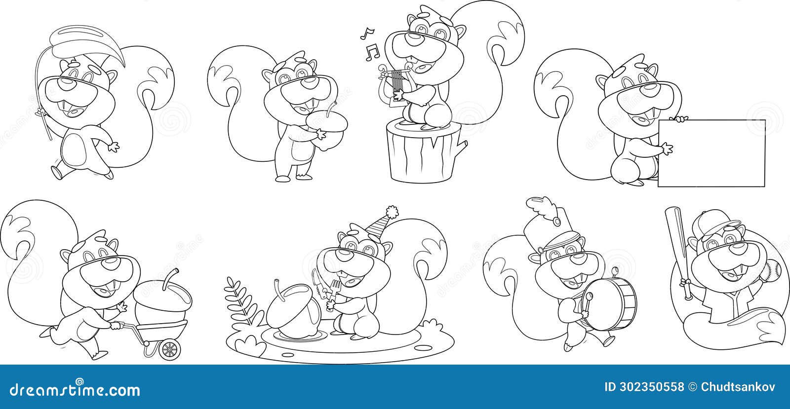 Outlined Cute Squirrel Cartoon Character in Different Poses. Vector ...