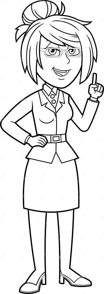 Outlined Female Teacher Cartoon Character Pointing With Finger And