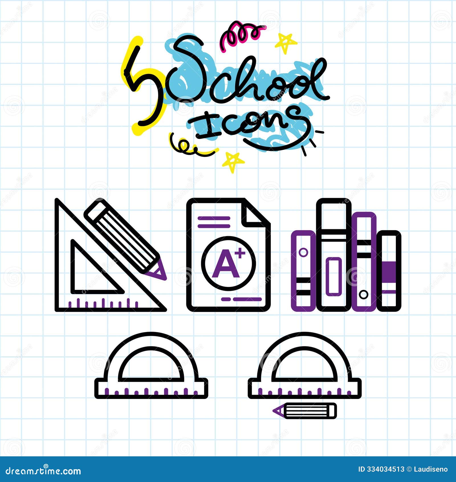 Outlined Five School Icons Set on Grid Paper Vector Stock Vector ...