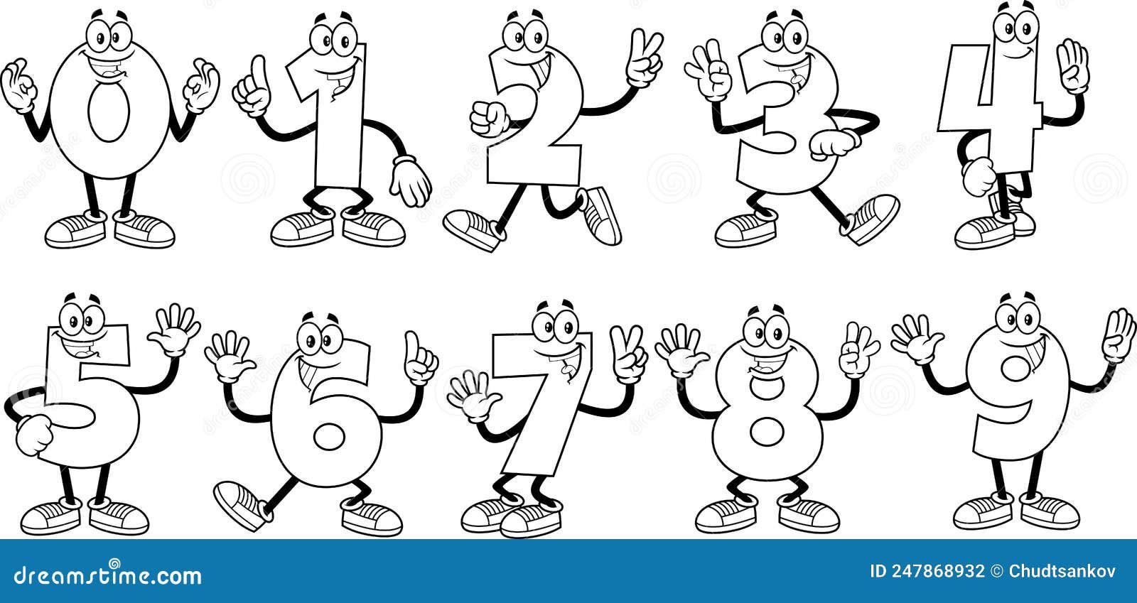 Outlined Funny Numbers Cartoon Characters. Vector Collection Set Stock ...