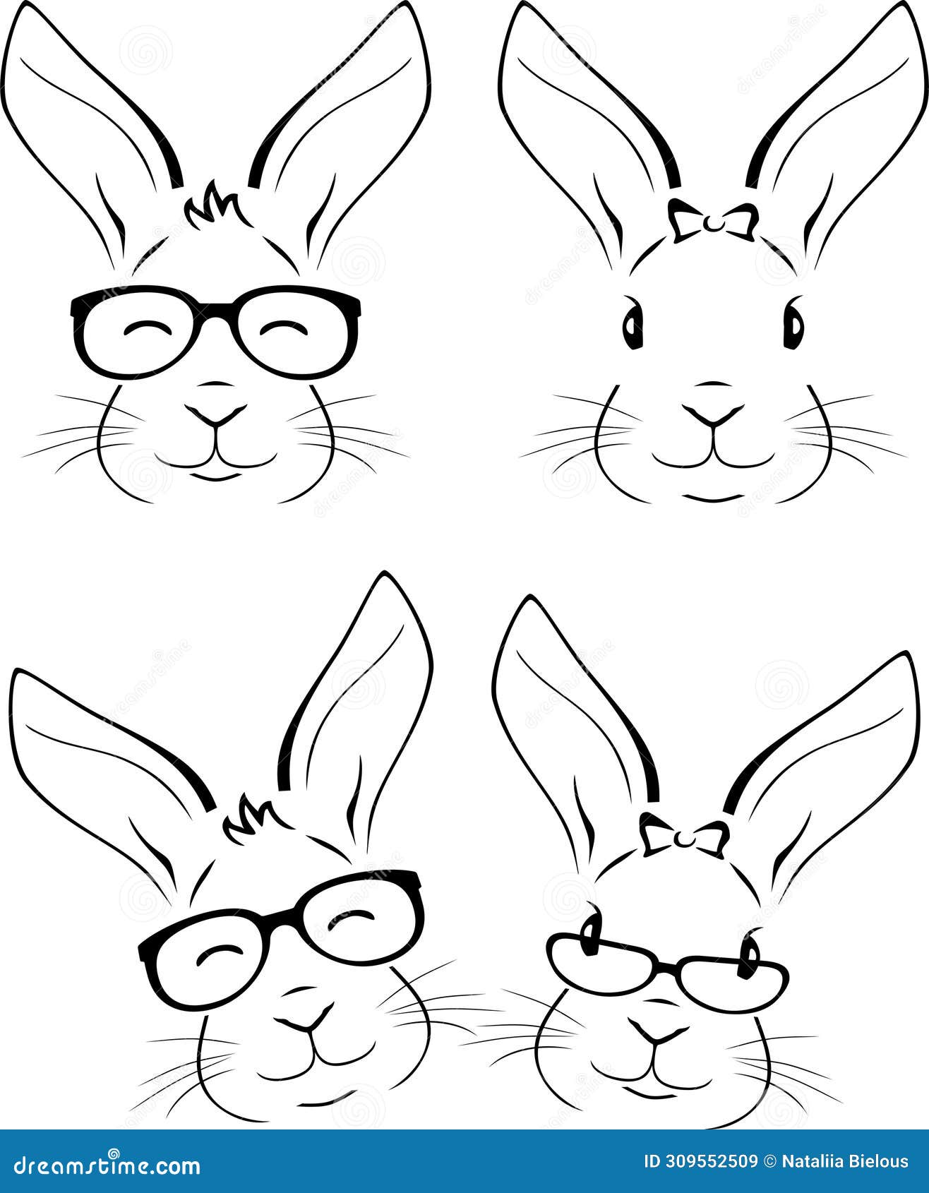 Outlined Funny Rabbit Heads with Eyeglasses Isolated on White Stock ...