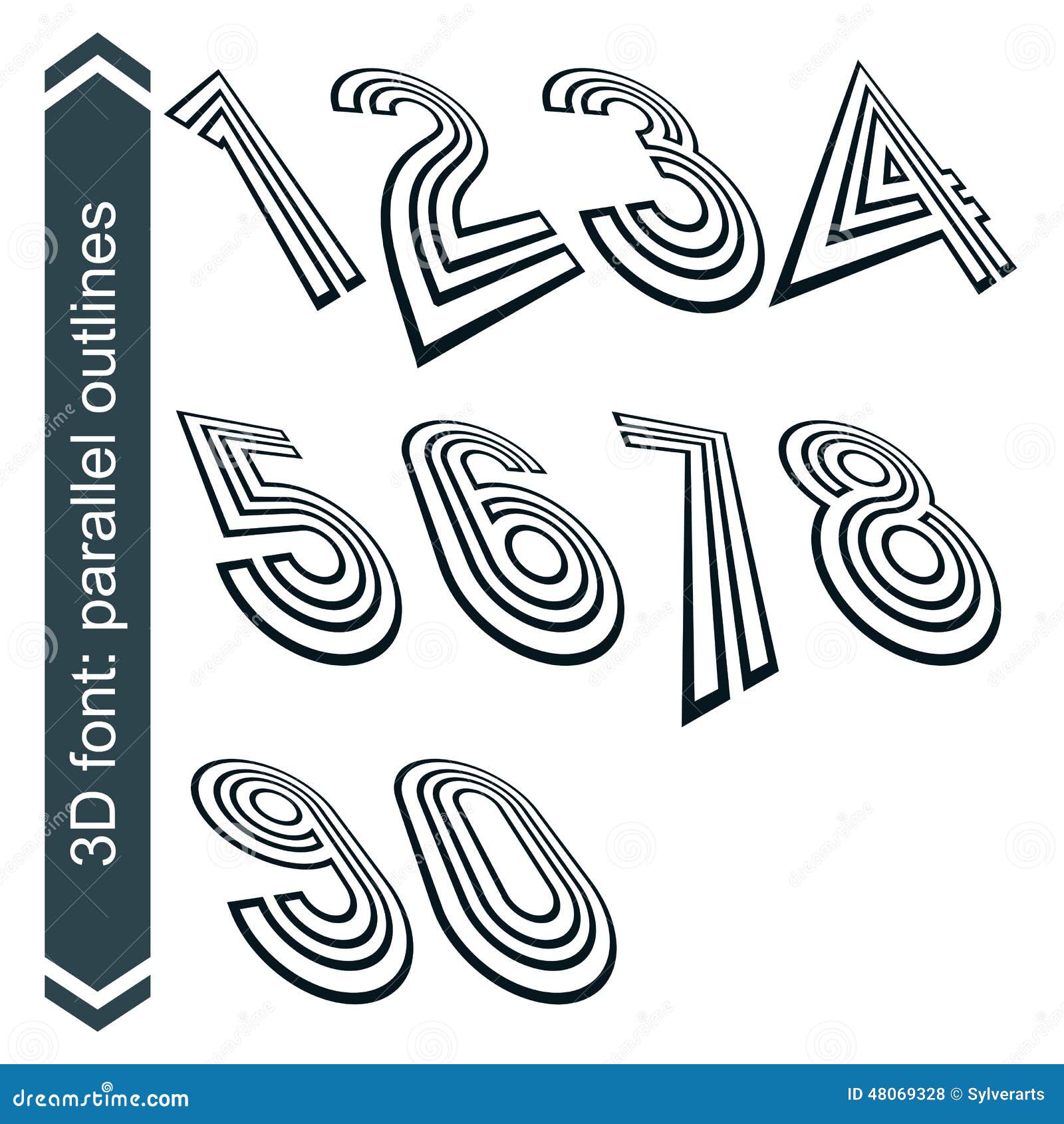 Outlined Rotated Vector Numeration, Monochrome Lined Numbers Set Stock ...