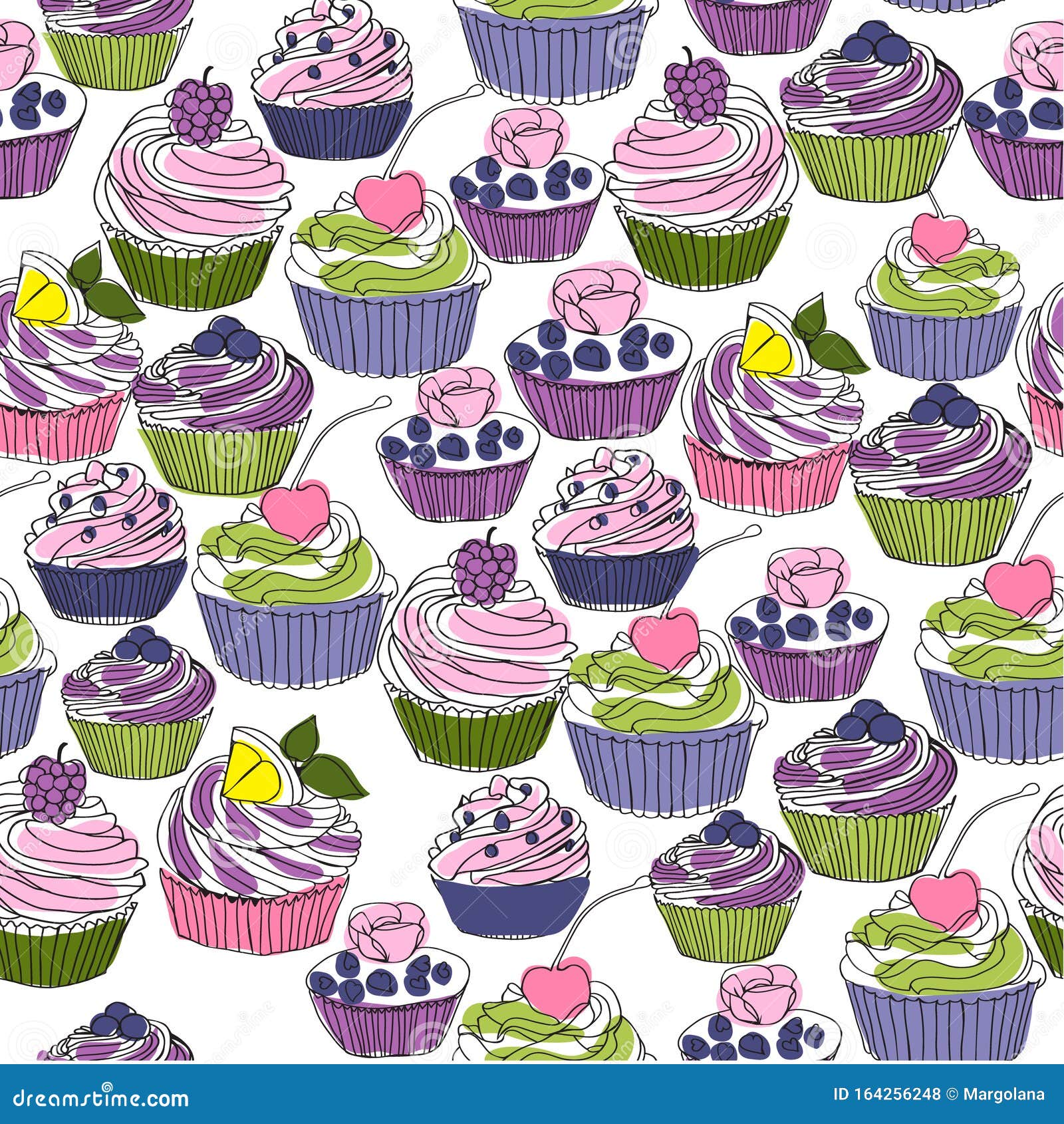Outlined Seamless Pattern with Cupcakes Stock Vector - Illustration of ...