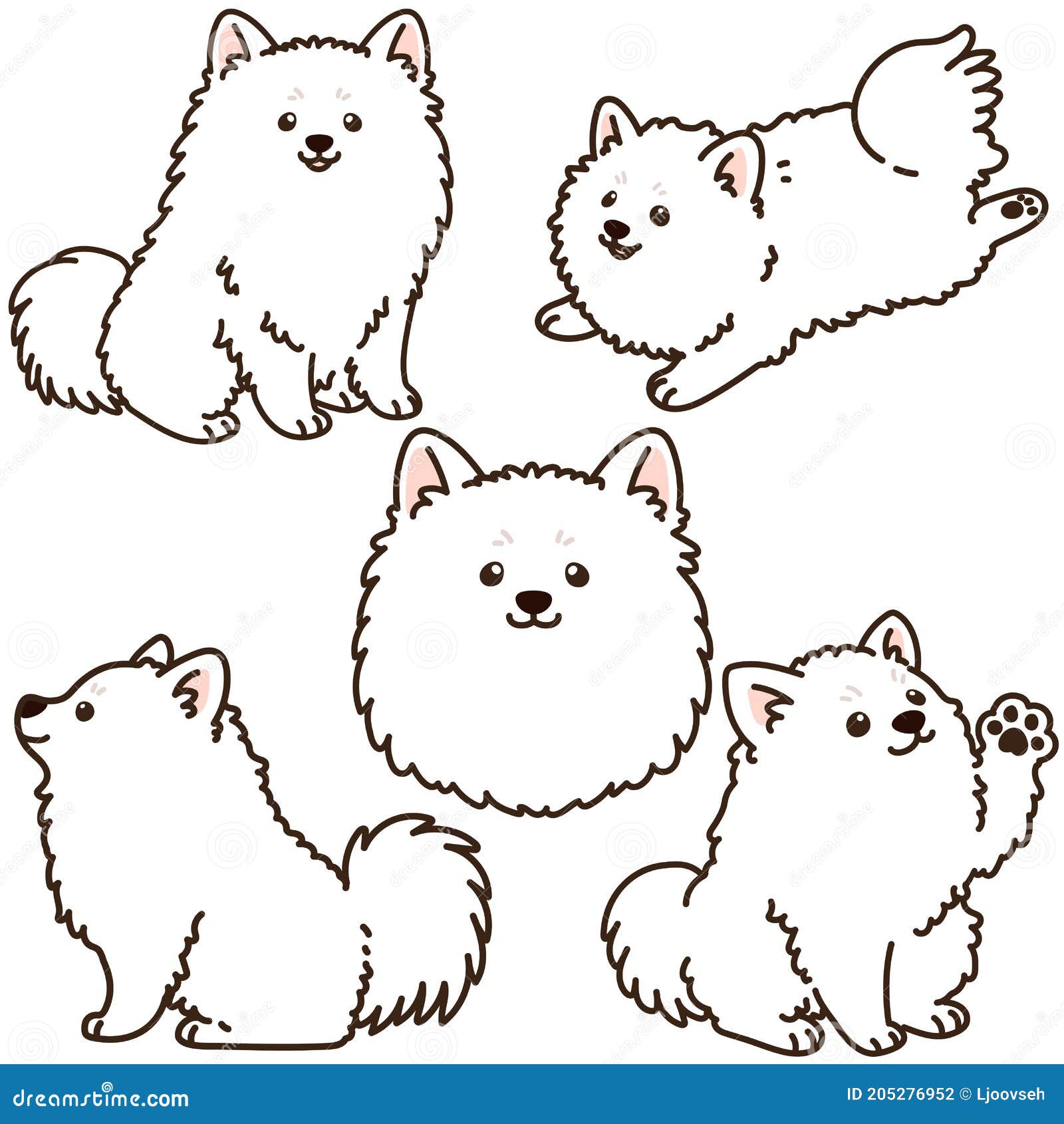 Outlined Simple and Adorable Japanese Spitz Illustrations Set Stock ...