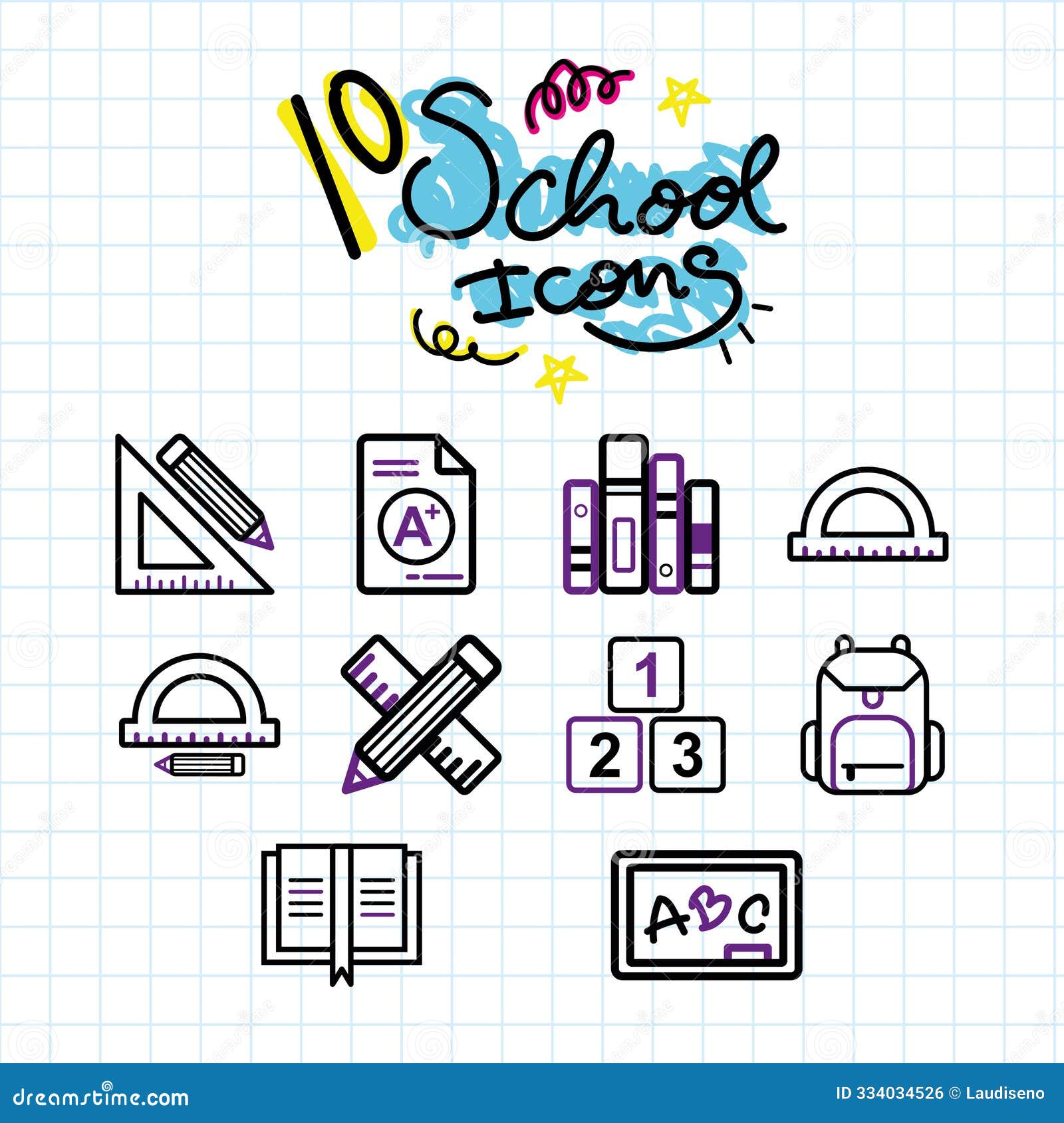 Outlined Ten School Icons Collection on Grid Paper Vector Stock Vector ...