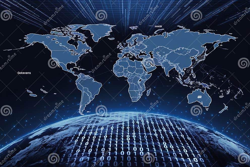 Outlined World Map with Binary Grid, Symbolizing Global Digital Streams Stock Illustration ...
