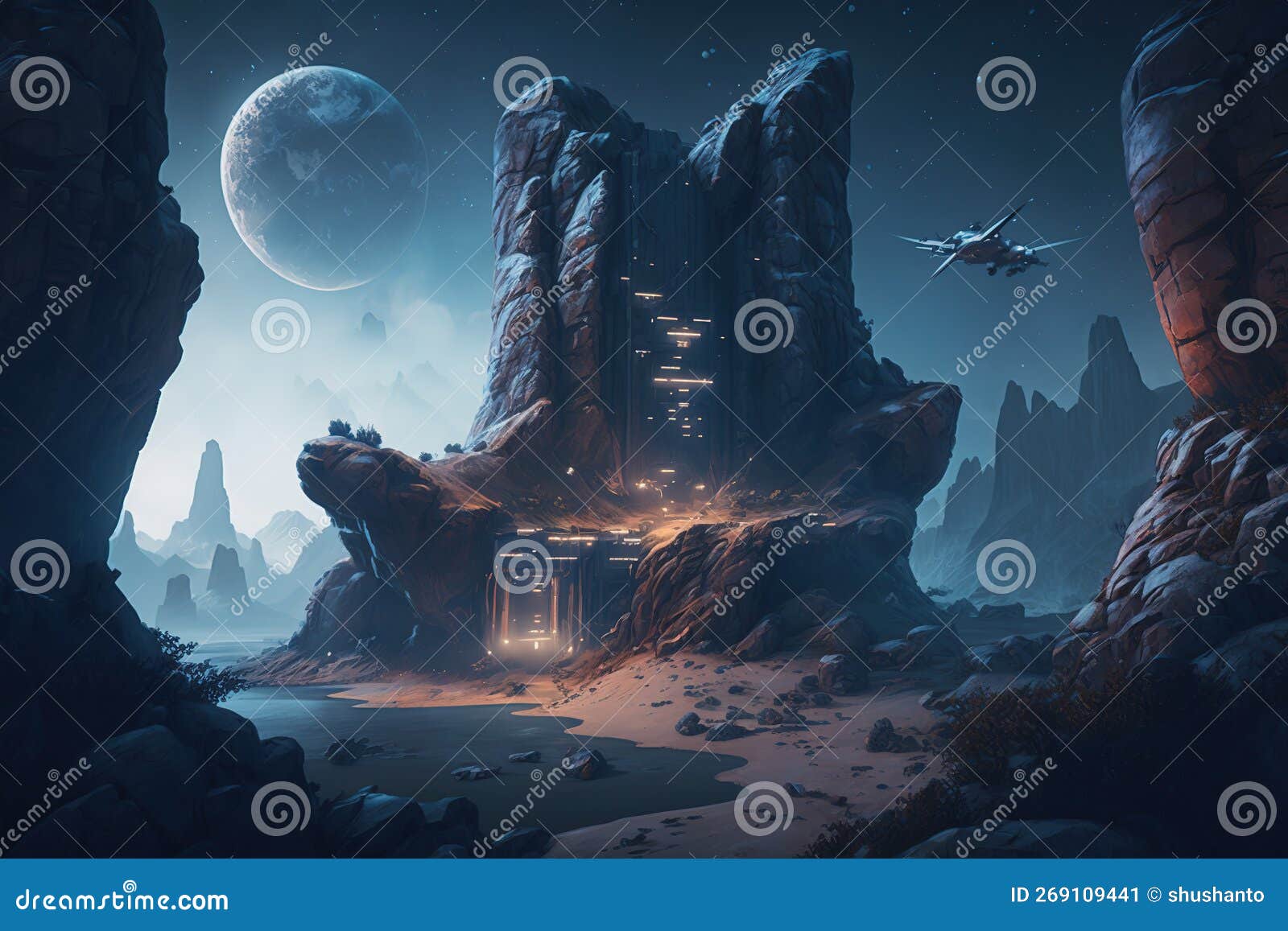 An Outpost on an Alien Planet with Huge Cliffs Stock Illustration ...