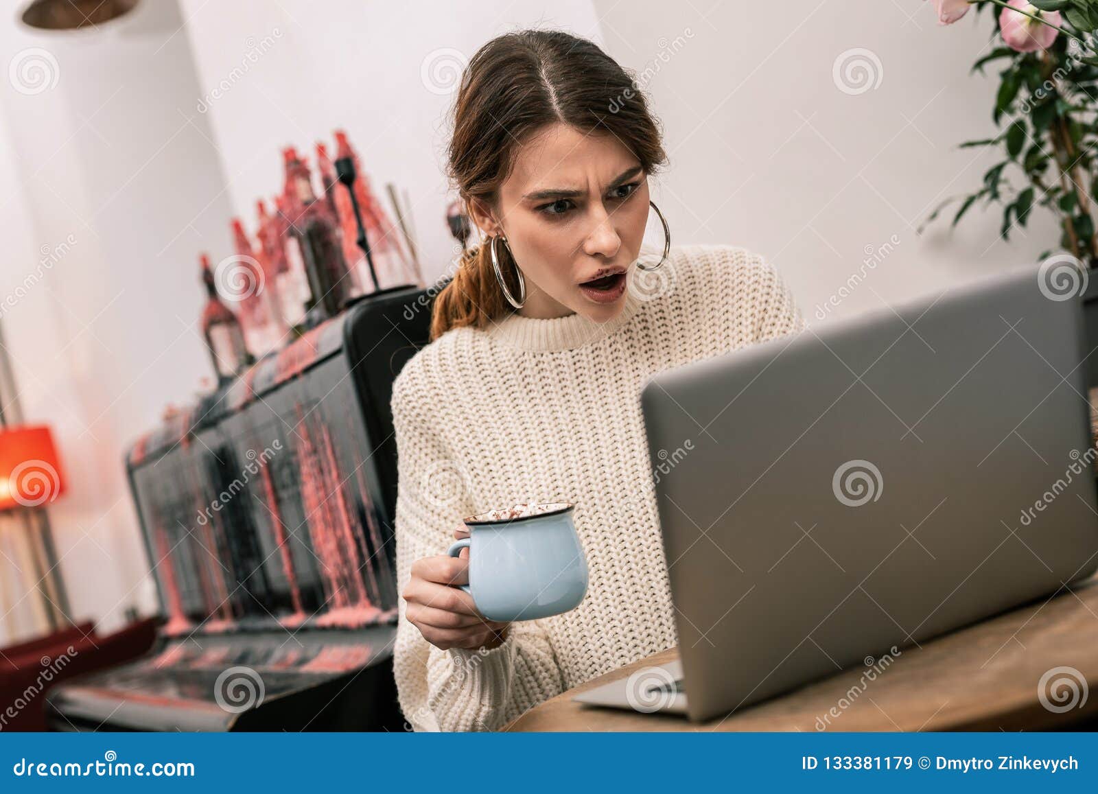 Outraged Woman Working in a Cafe with Her Computer Stock Image - Image ...
