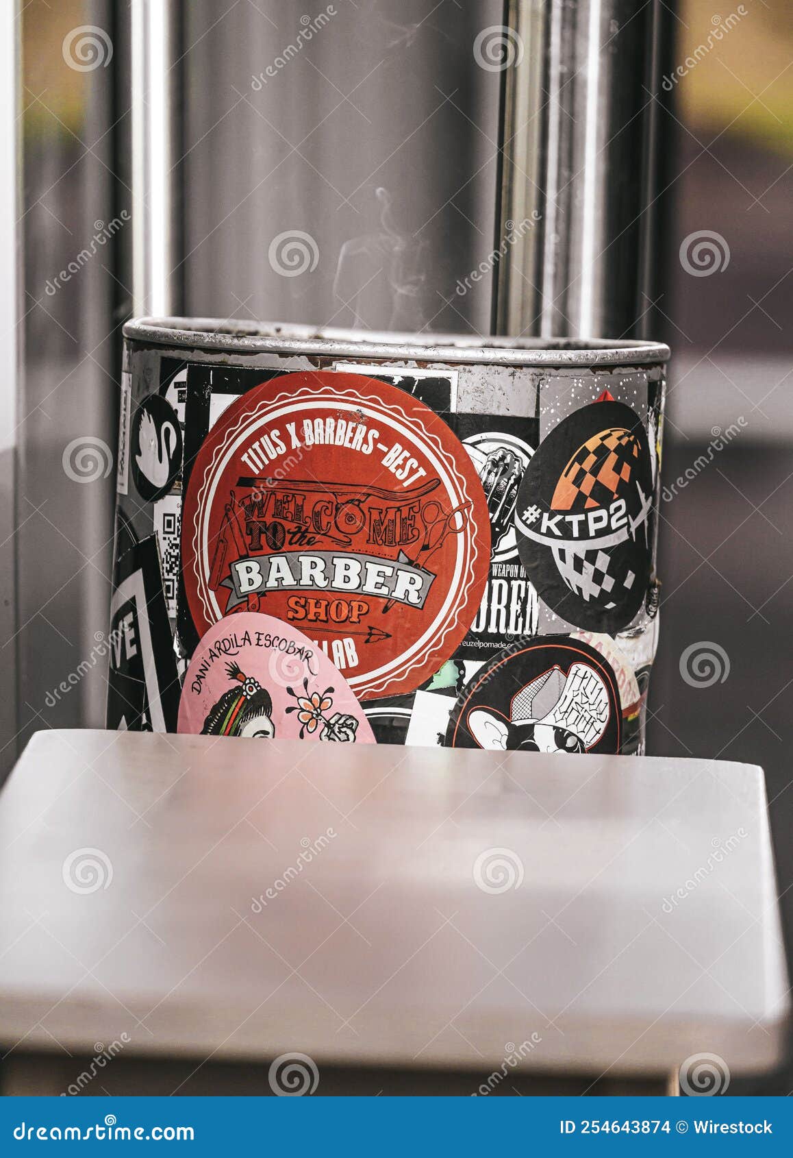 Outside Cafe with a Bin Near a Table Editorial Stock Image - Image of ...