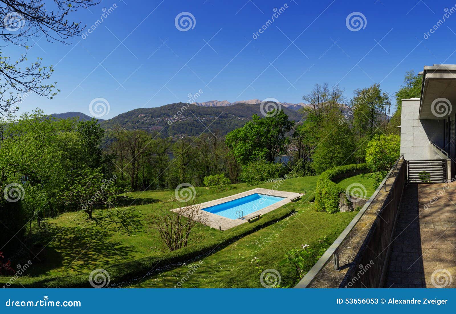 Outside of Modern House in Summer, Swimming Pool Stock Image - Image of ...