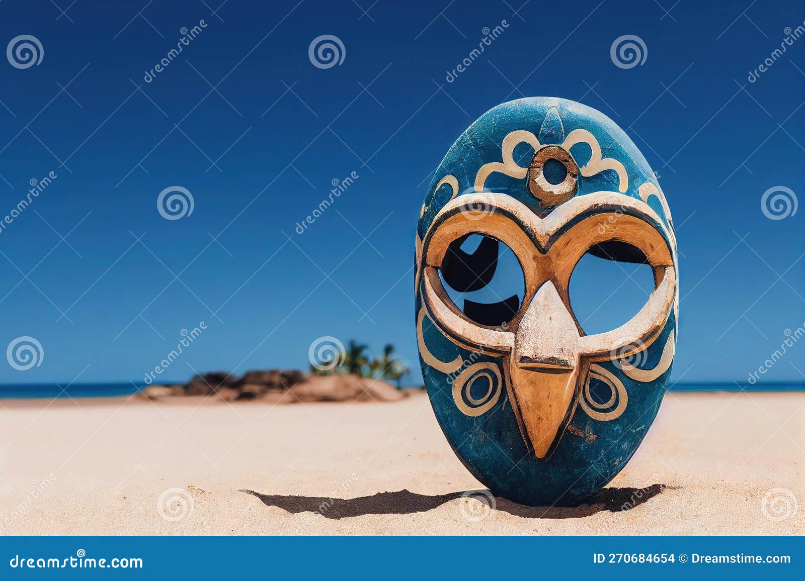 Oval Blue Tiki Mask with Pattern Standing on Beach on Sand. Stock ...