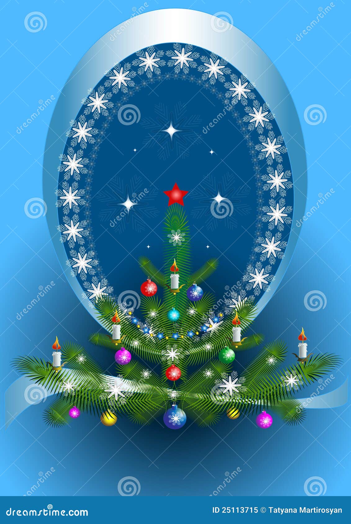 Oval Frame with the Christmas Tree on Blue Background Stock Vector ...