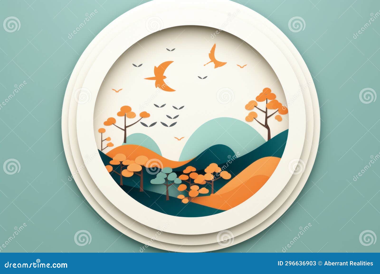 An Oval Frame with an Image of Birds and Trees Stock Illustration ...