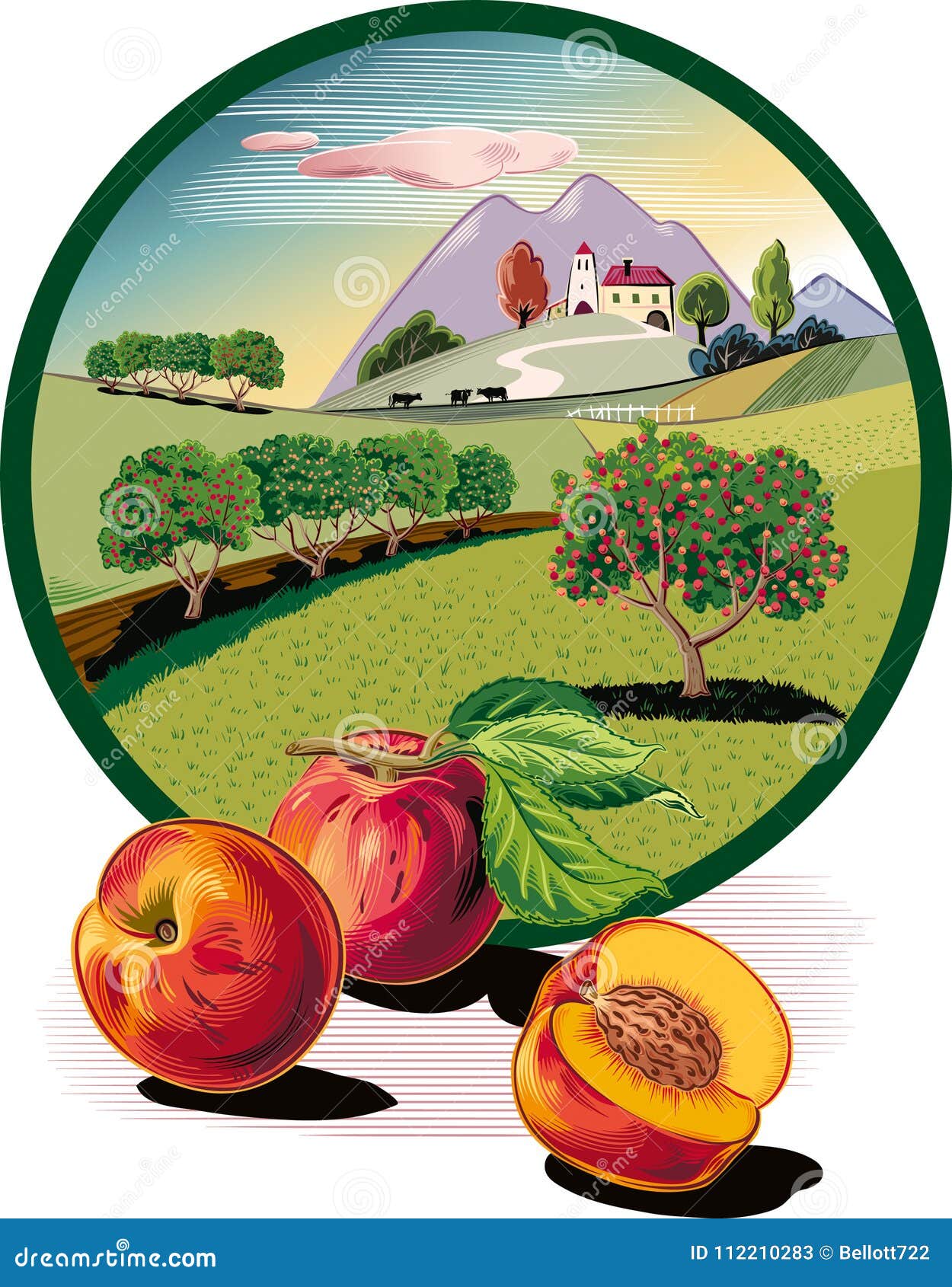 Oval Frame with Peaches and Orchard. Stock Illustration - Illustration ...