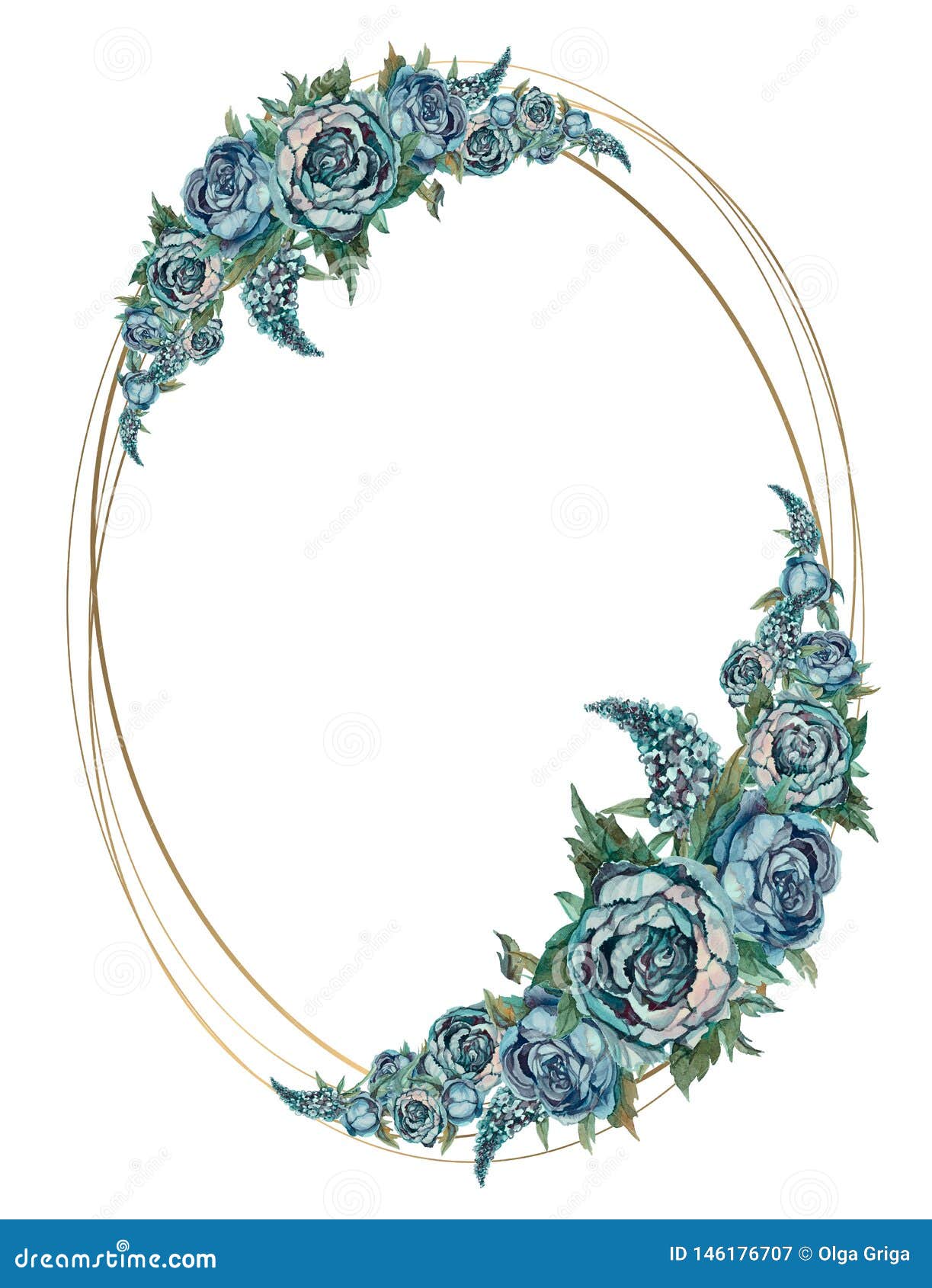 Oval Gold Frame With Pink Watercolor Flowers. Wedding Frame With ...