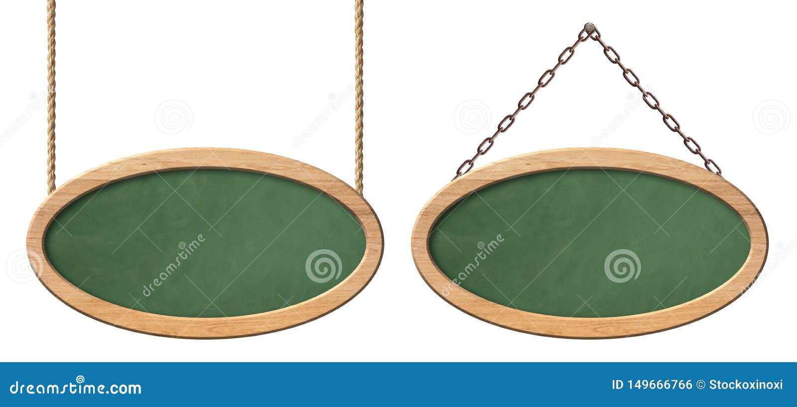 Oval Green Blackboard with Bright Wooden Frame Hanging on Ropes and ...