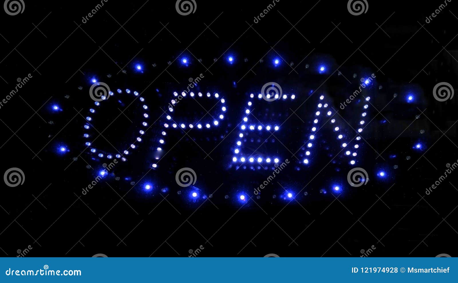 Oval OPEN Sign with Blue Lights Stock Photo - Image of light, black ...