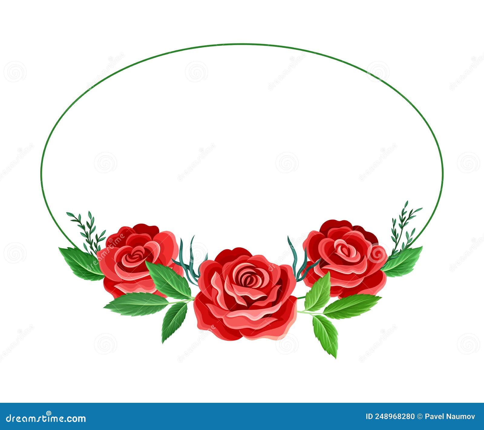 Oval Rose Frame with Red Lush Bud and Green Leaves Arranged in Shape ...