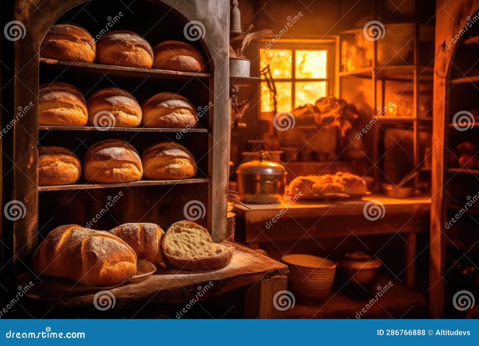 Oven with Artisan Bread Loaves Baking Inside Stock Photo - Image of ...
