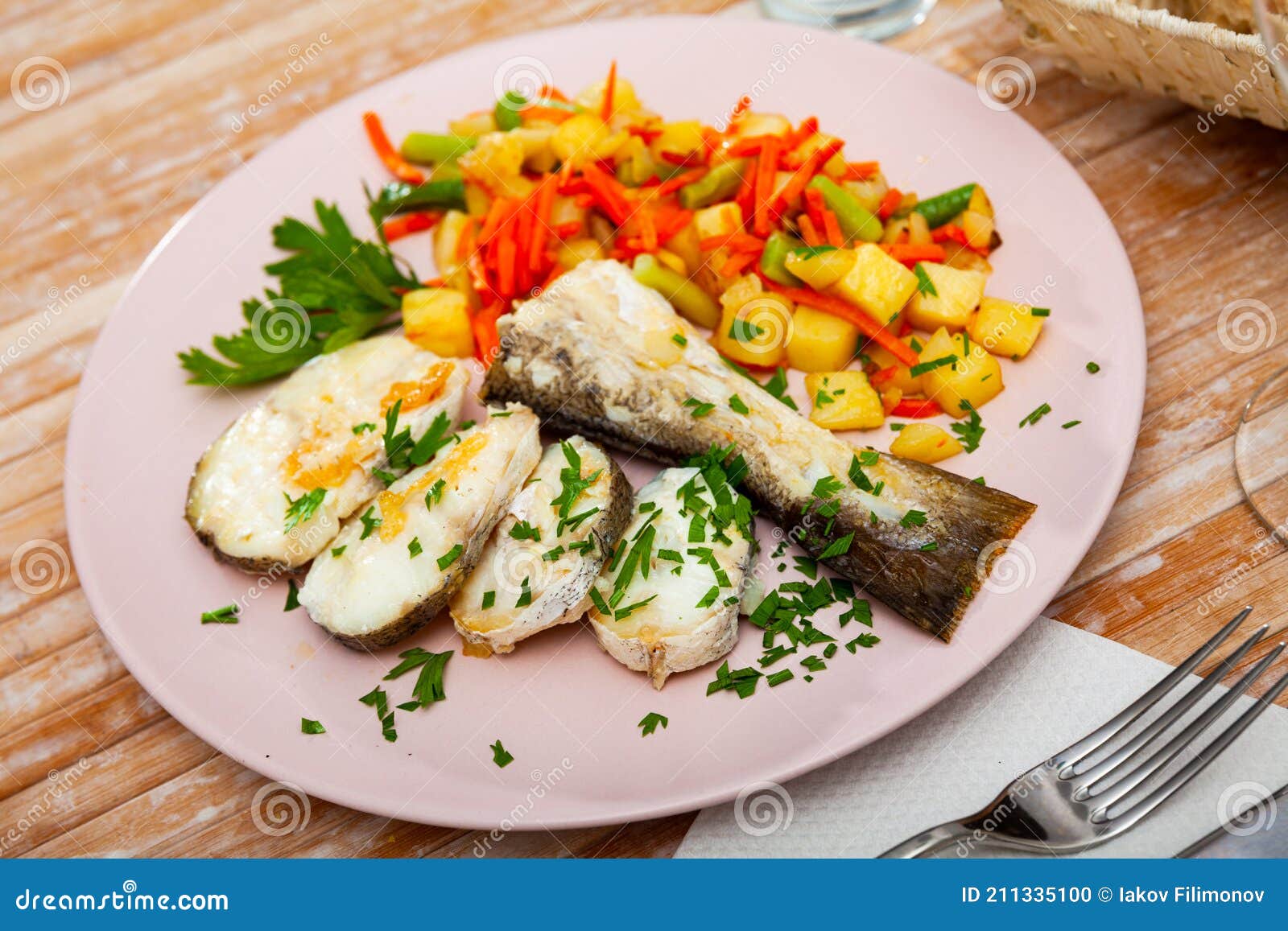 Oven Baked Hake with Vegetable Garnish Stock Photo - Image of roasted ...
