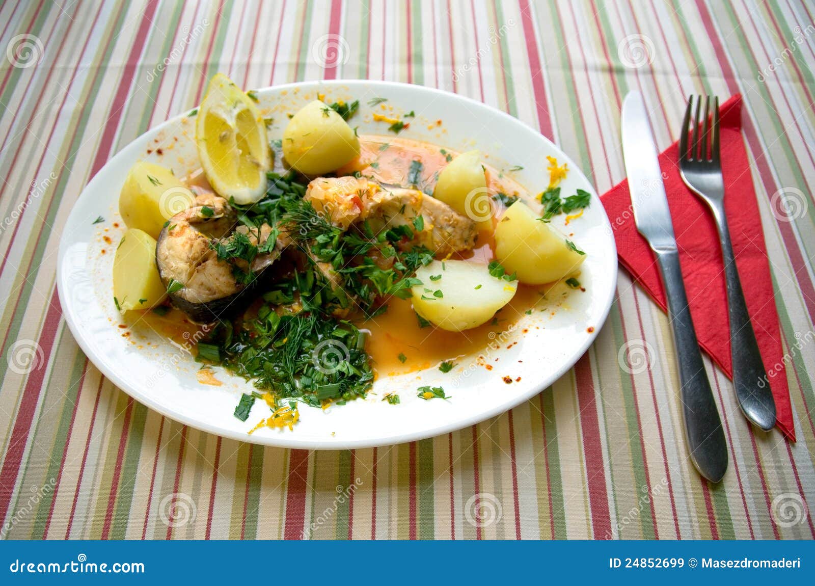 Oven Baked Mullet with New Potatoes Stock Image - Image of delicious ...