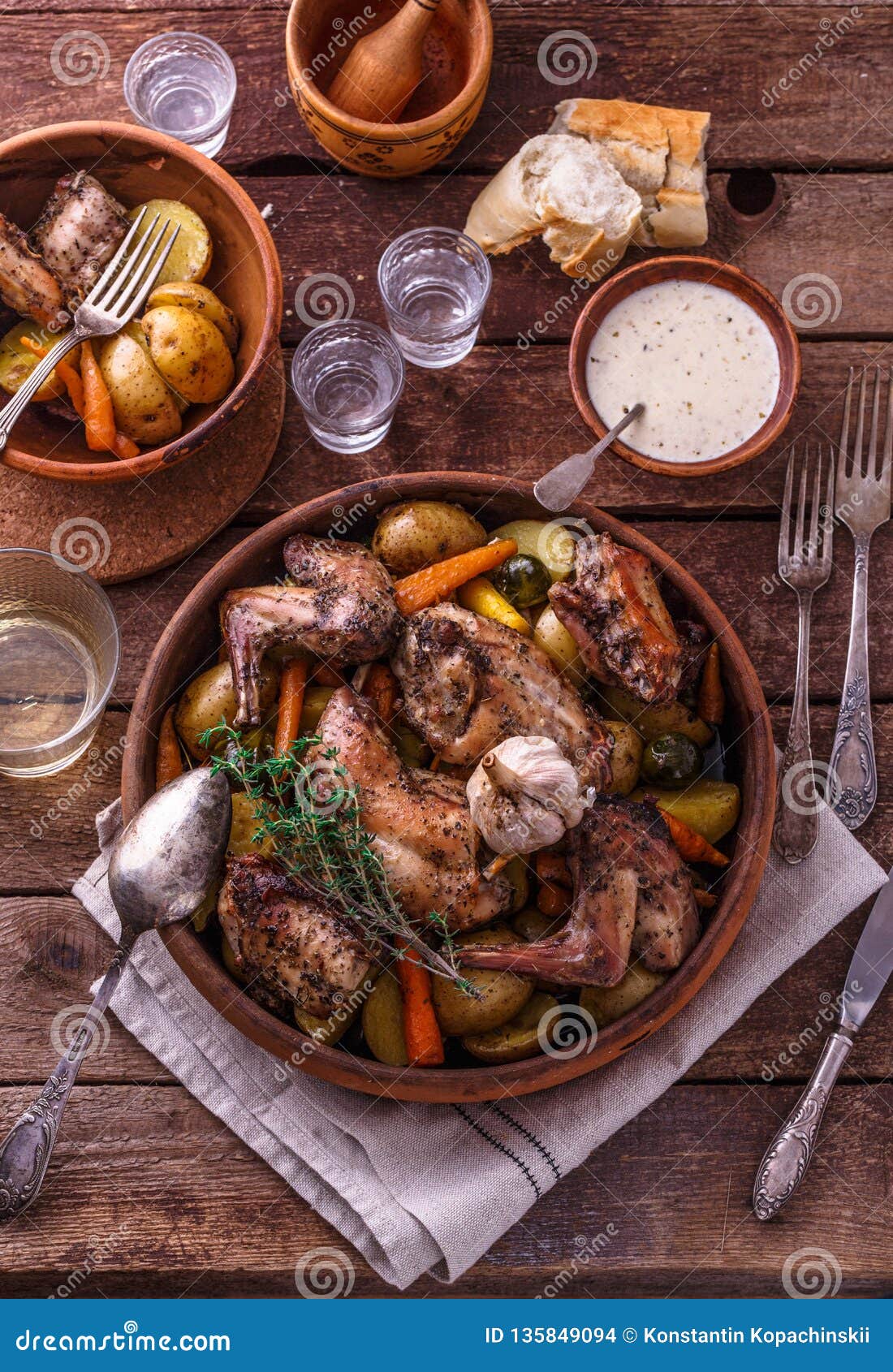 Oven Baked Rabbit with Potato and Carrots, Top View Stock Photo - Image ...