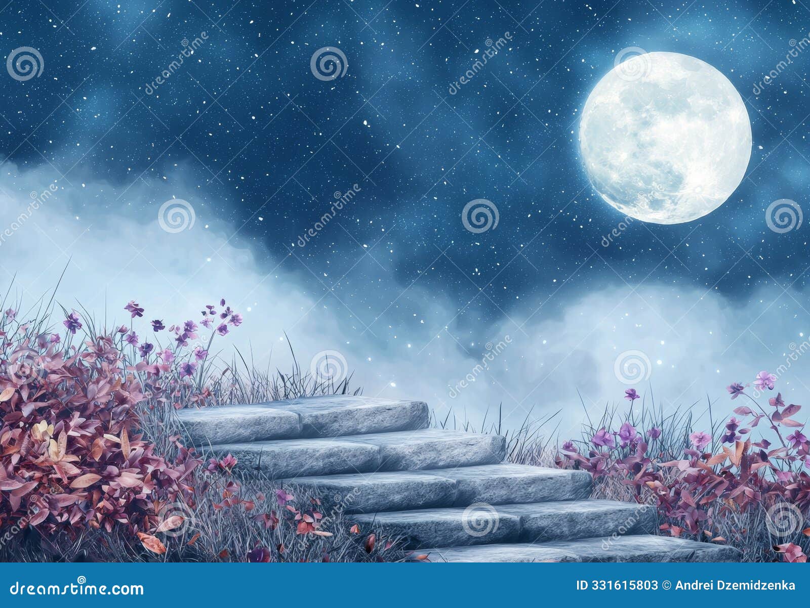 Over the Hill, a Full Moon Rises Over Stone Steps in the Night Park ...