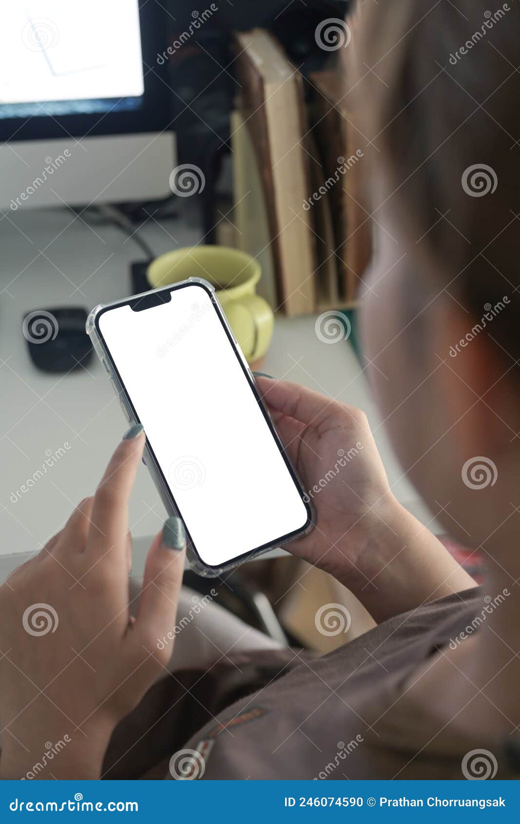 Over Shoulder View Female Worker Using Smart Phone at Her Workplace ...