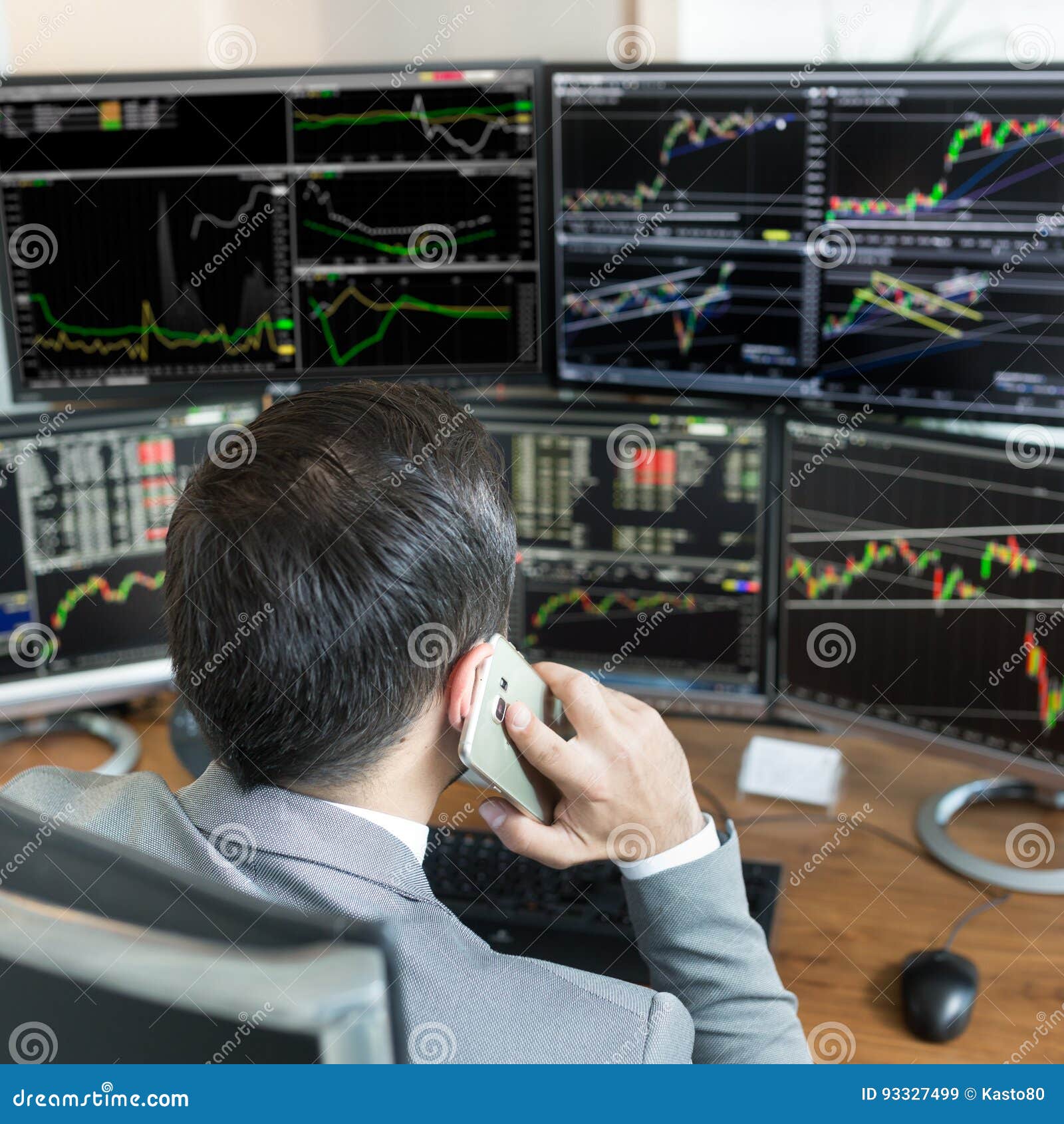 Over the Shoulder View of Stock Broker Trading Online, Talking on ...