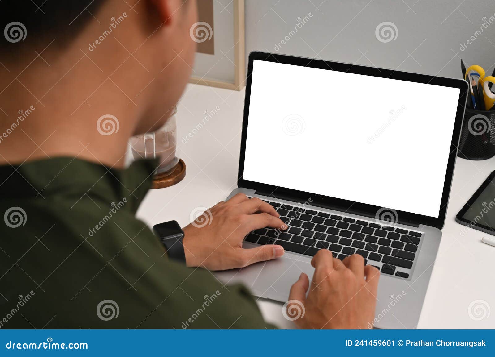 Over Shoulder View Man Using Computer Laptop on White Table. Stock ...