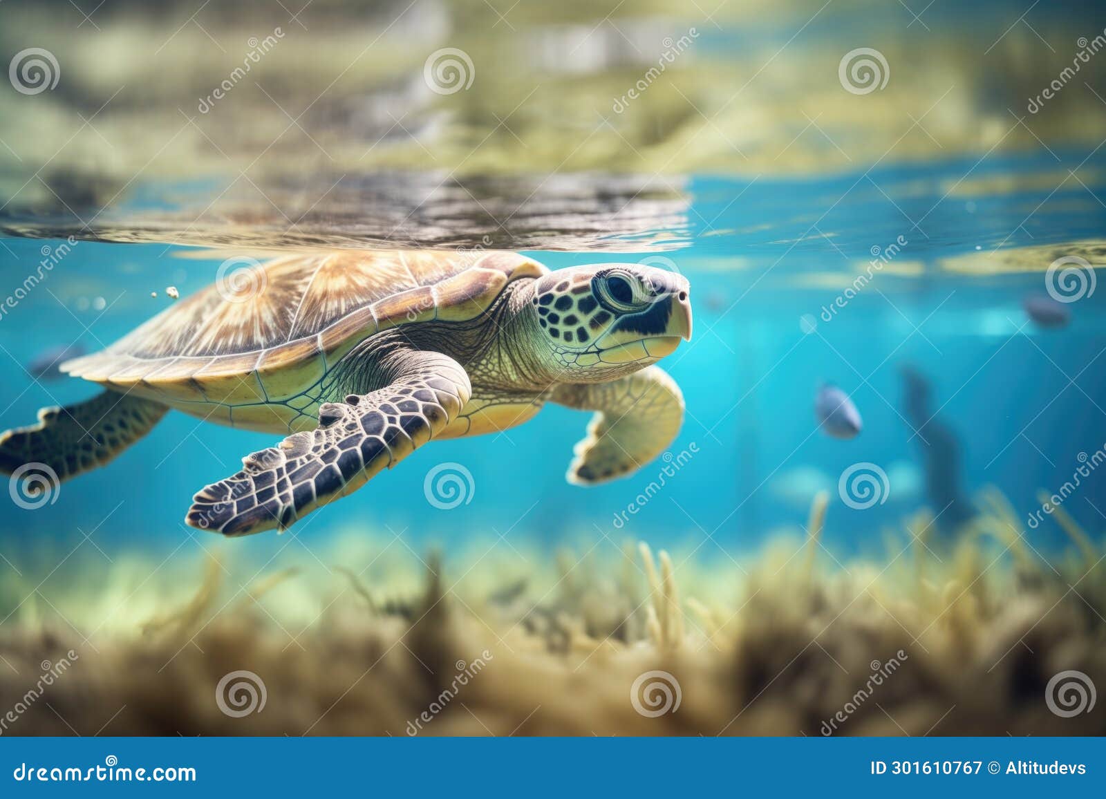 Over-under Shot with Sea Turtle Below Waterline Stock Image - Image of ...