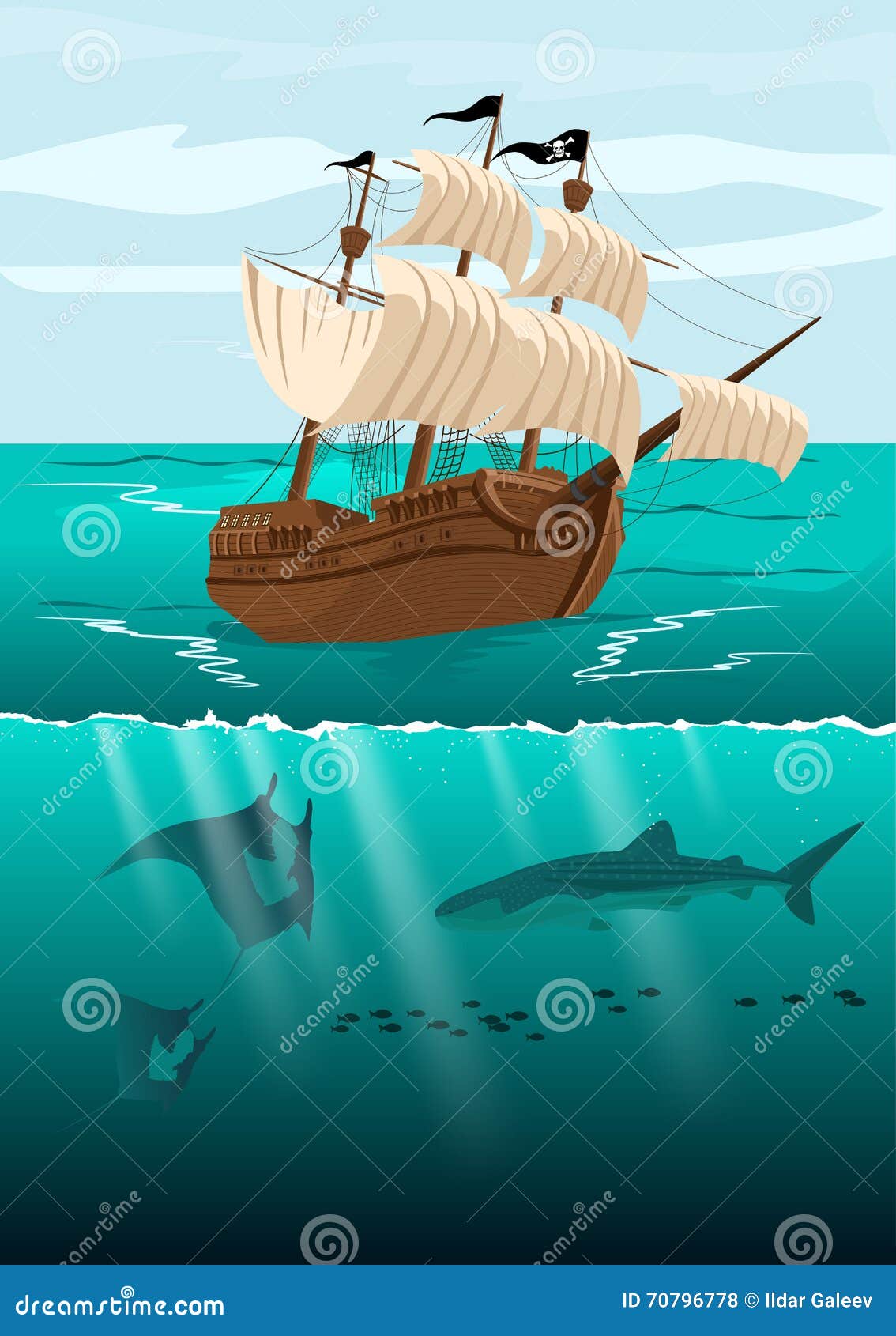 Over-under Split View of Pirate Ship Stock Vector - Illustration of ...