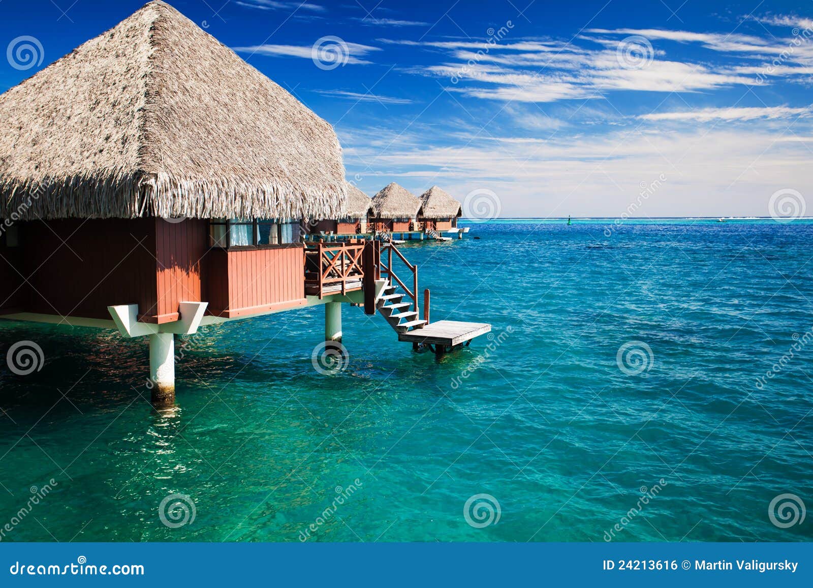 Over Water Bungalow with Steps into Clear Ocean Stock Photo - Image of ...