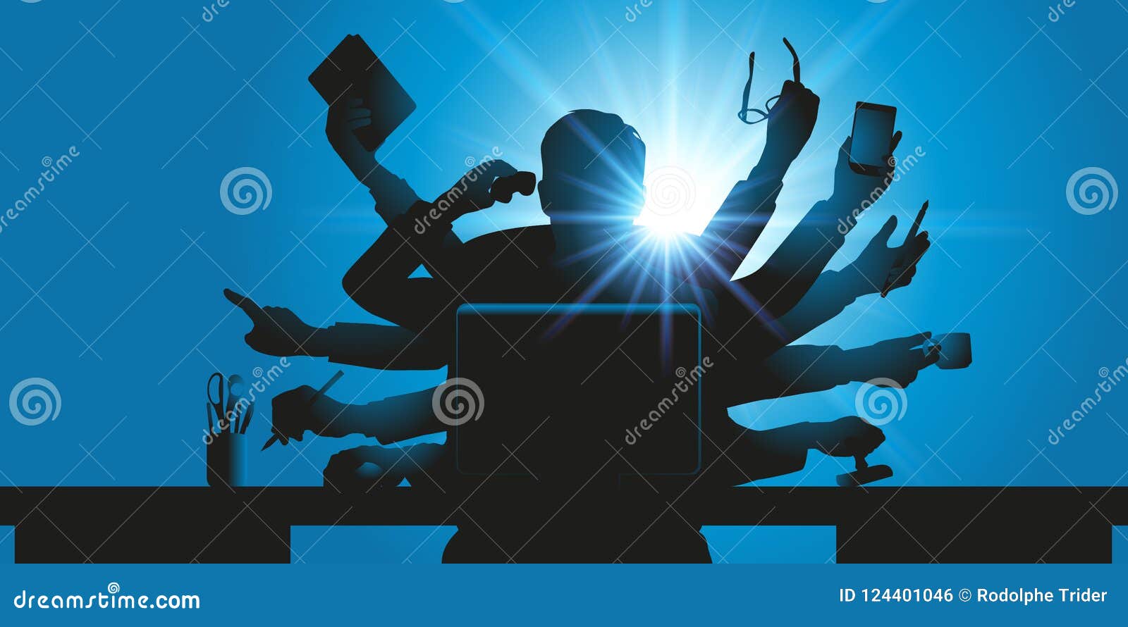 Overbooked Businessman Concept, Symbolized by a Multi-armed Character ...