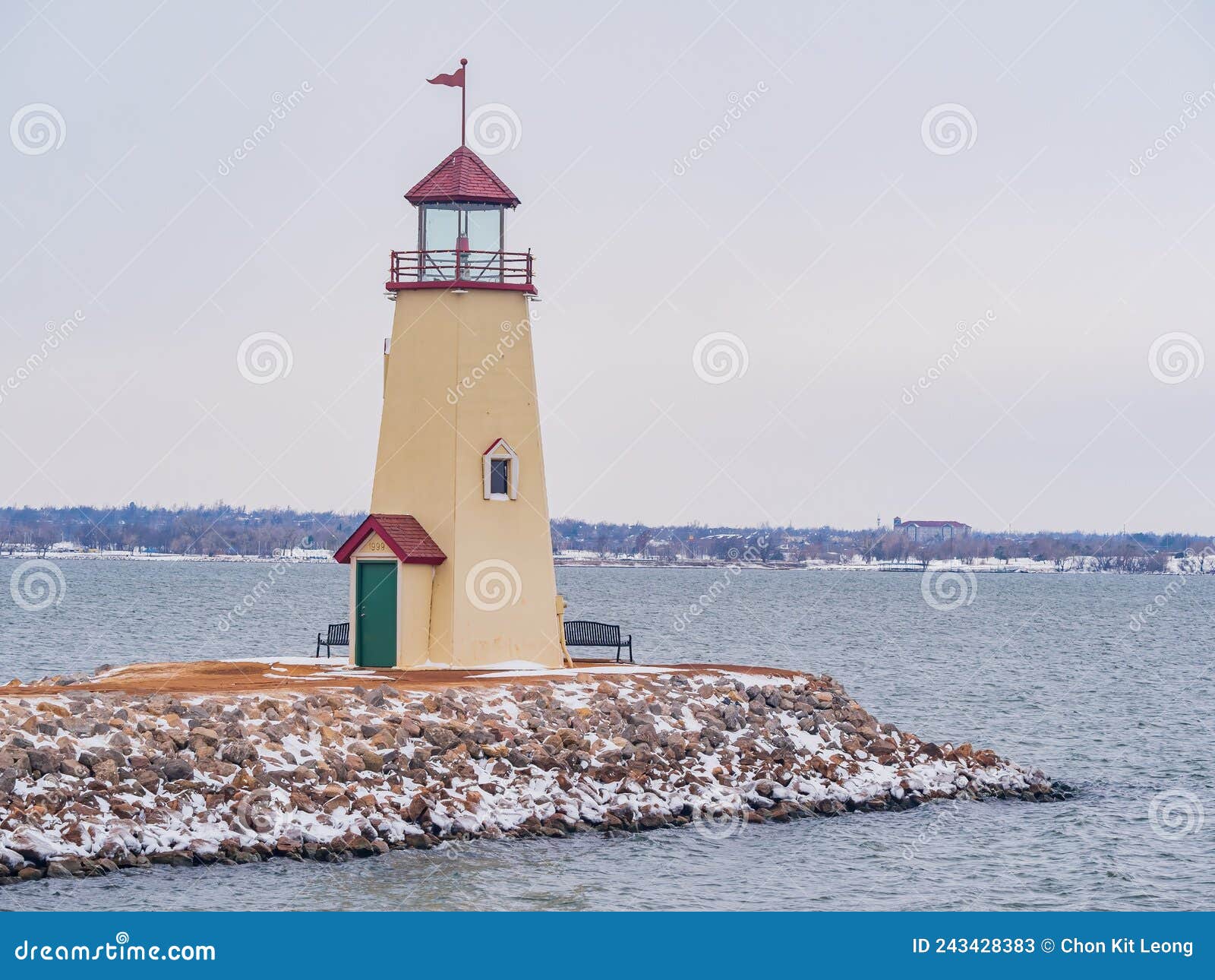Overcast View of the Snowy Lake Hefner Lighthouse Stock Image - Image ...