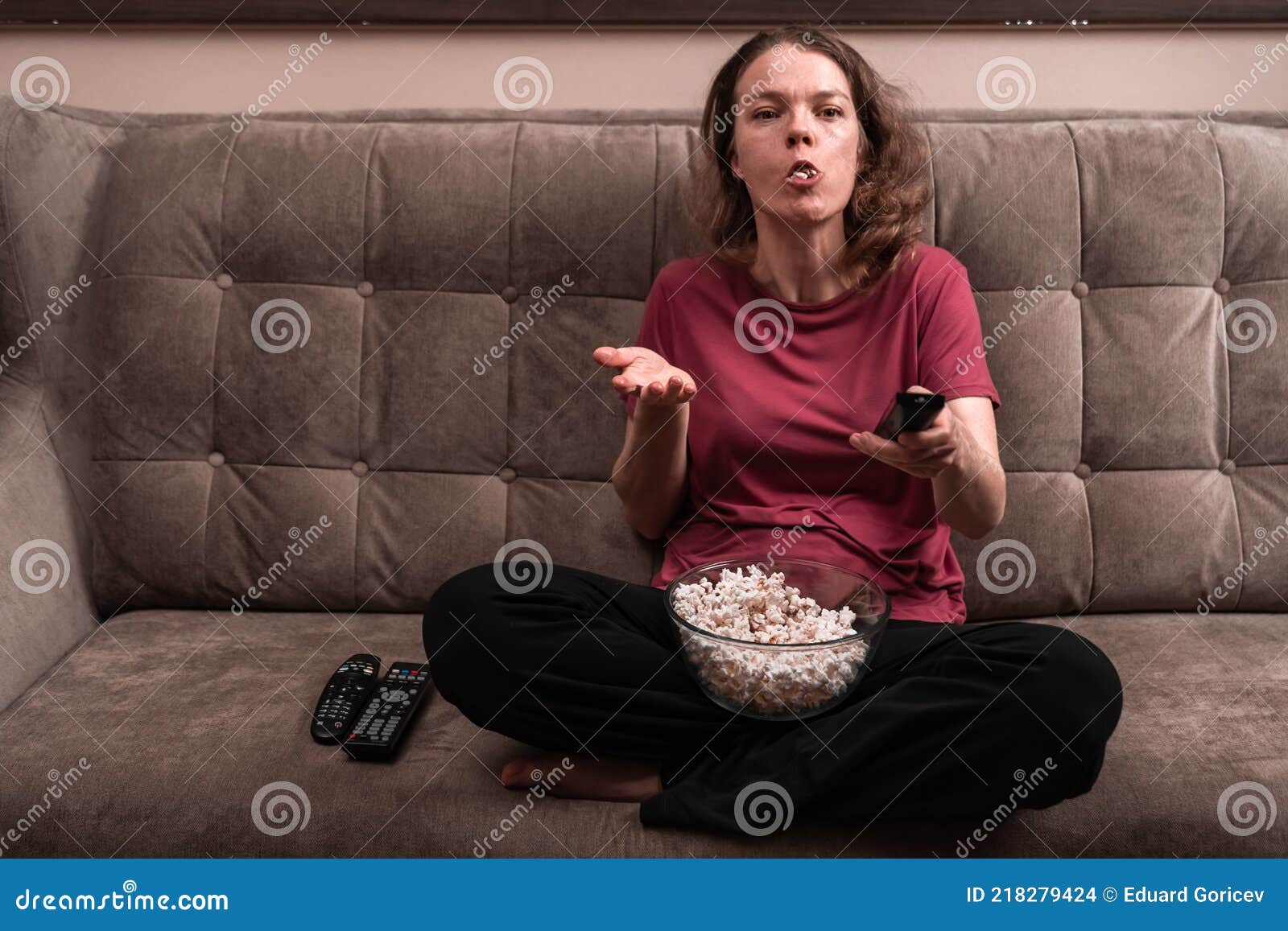 Overeating Popcorn while Watching Televised Stock Photo - Image of ...
