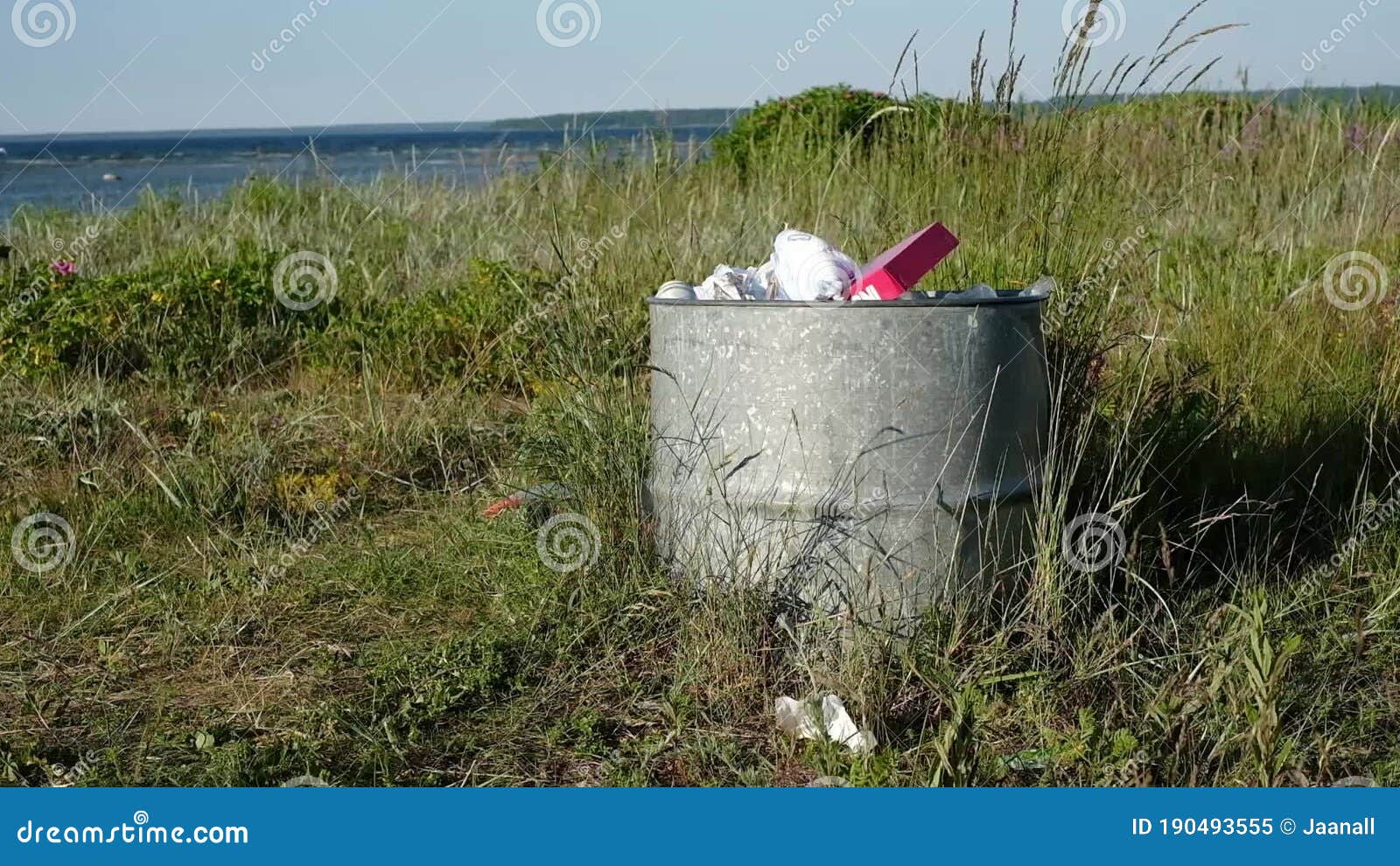 Trash bin on a windy beach stock video. Video of garbage - 190493555