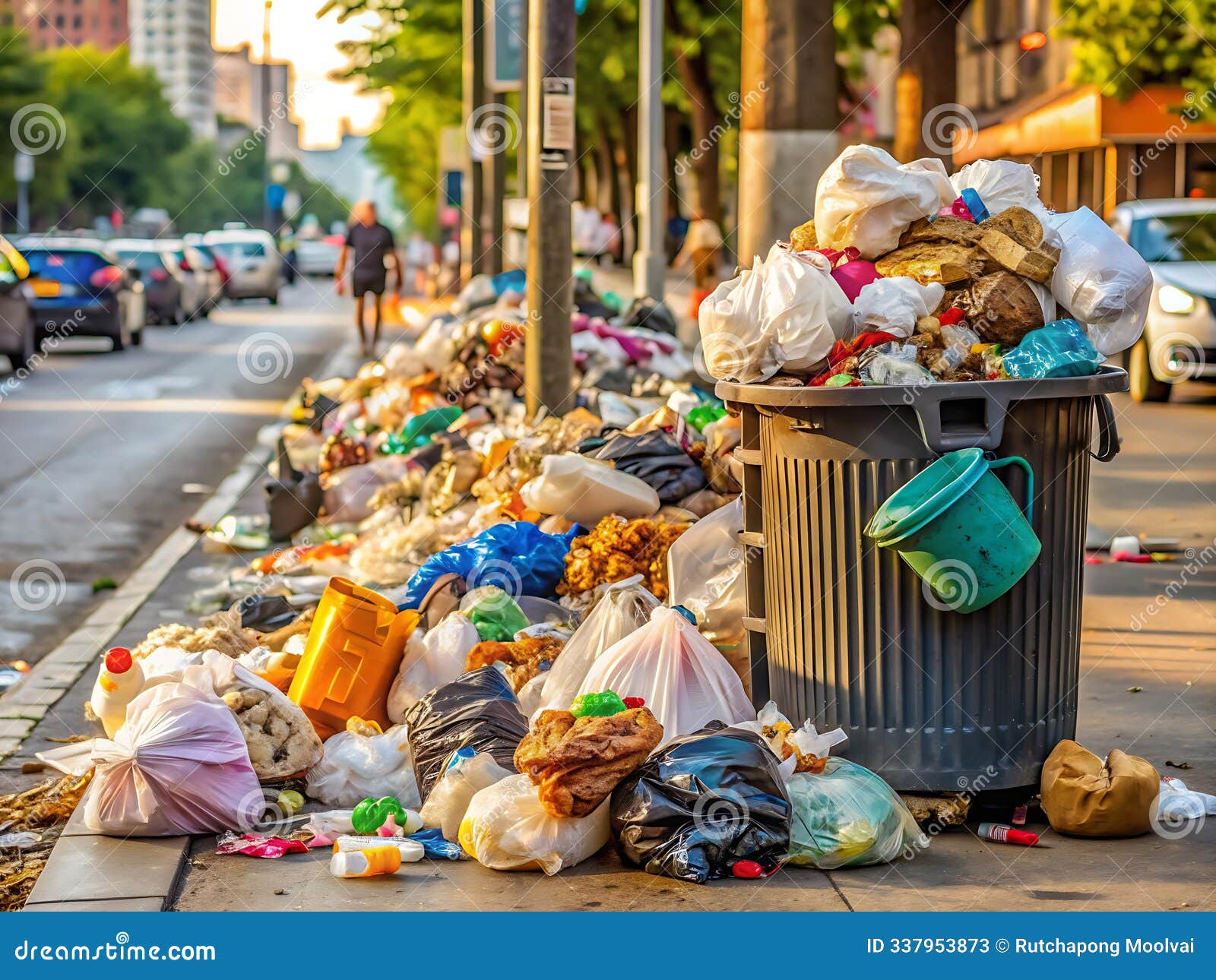Overfilled Trash In A Disorderly Restroom With Yellow Walls Stock ...