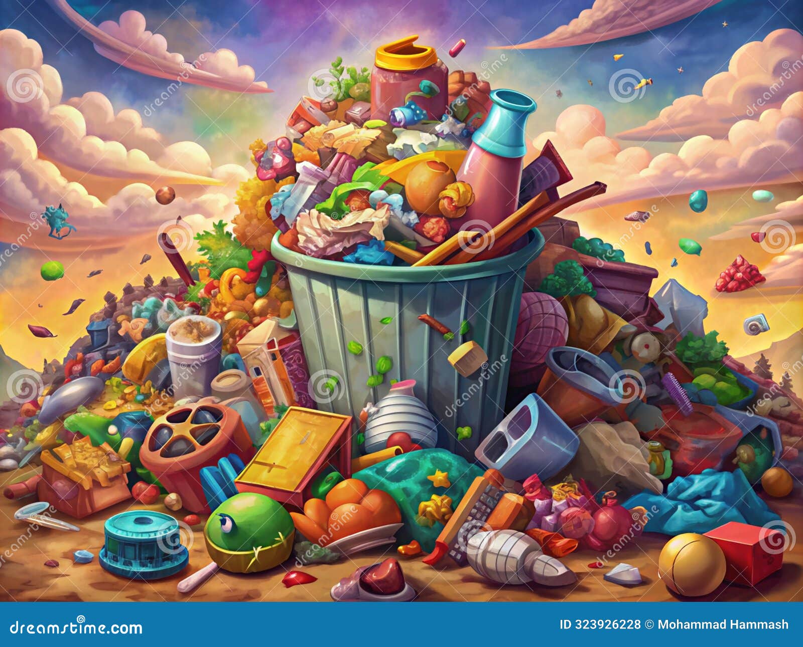 Overfilled Trash Can with Various Objects Stock Illustration ...
