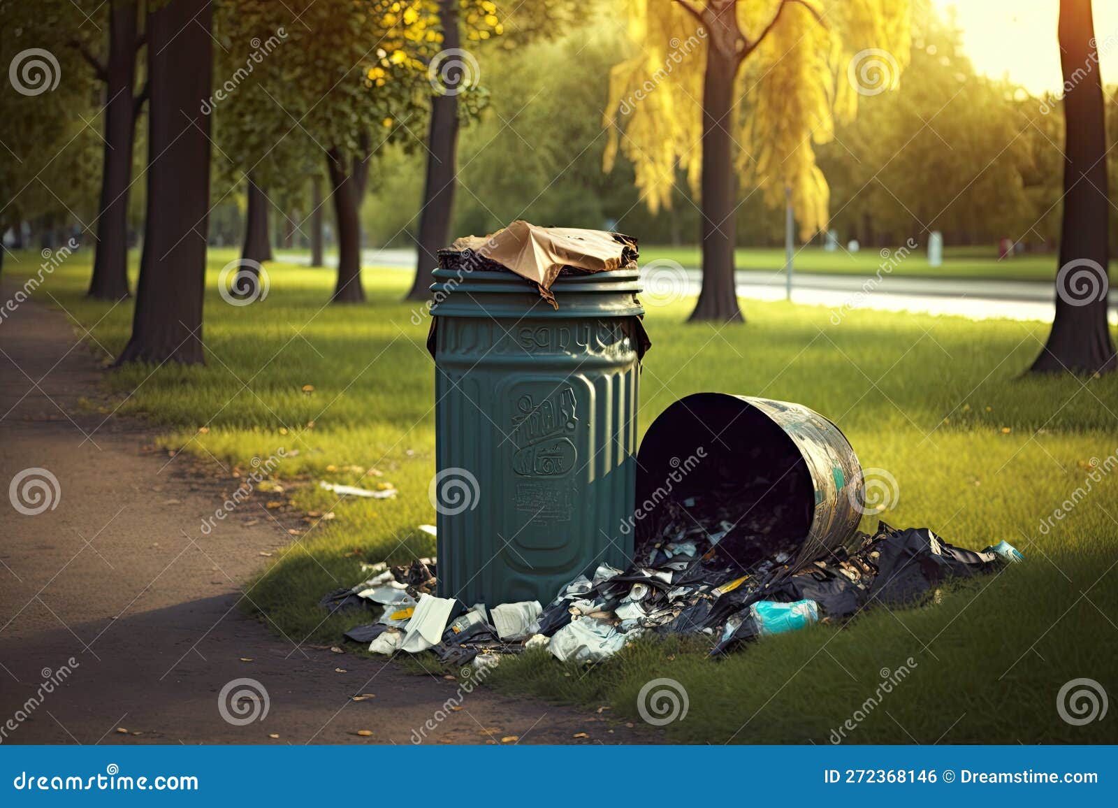 Overflowing Garbage Bin in Park with Discarded Packaging and Rotten ...