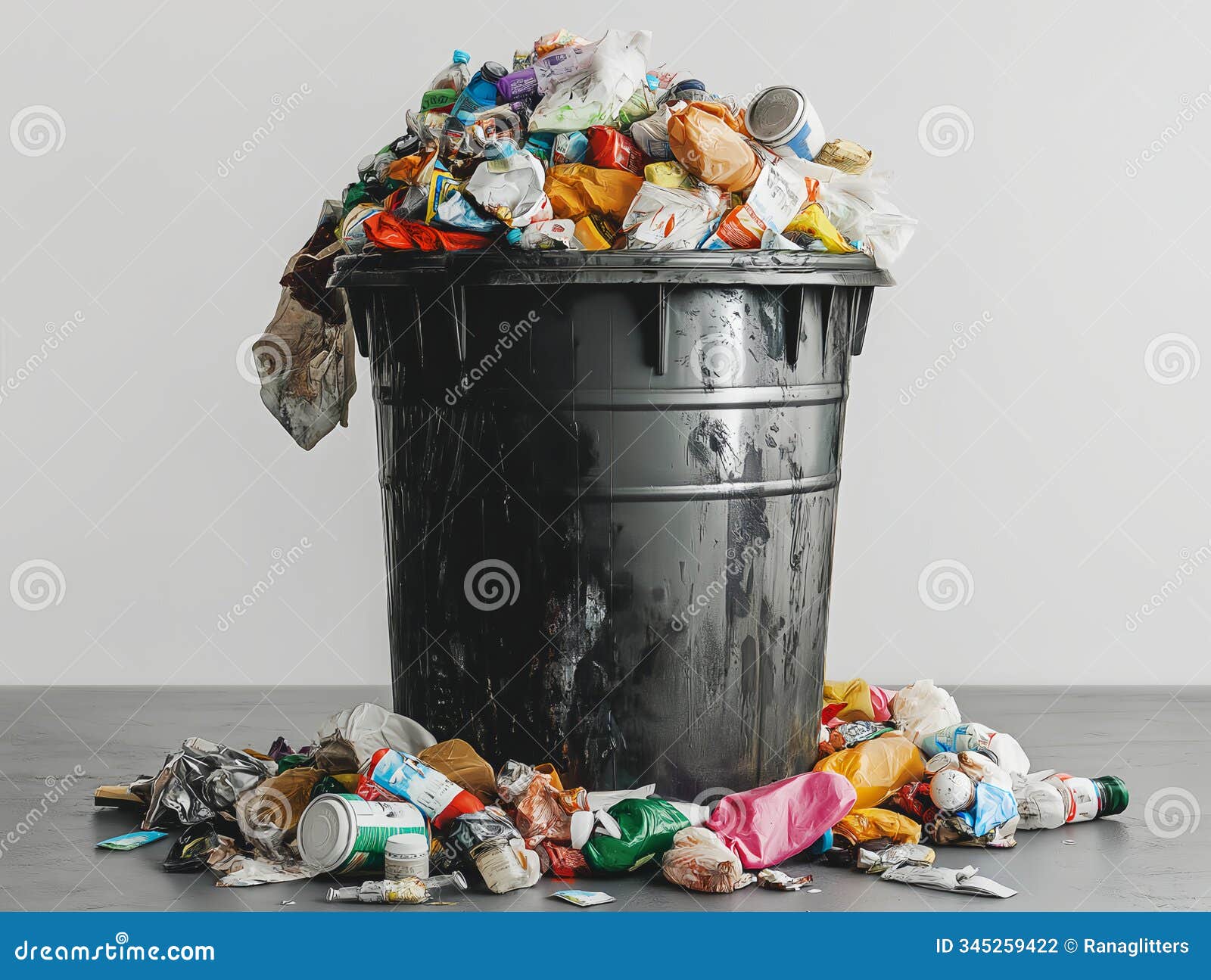 Overflowing Garbage Bin with Scattered Trash on Concrete Stock ...