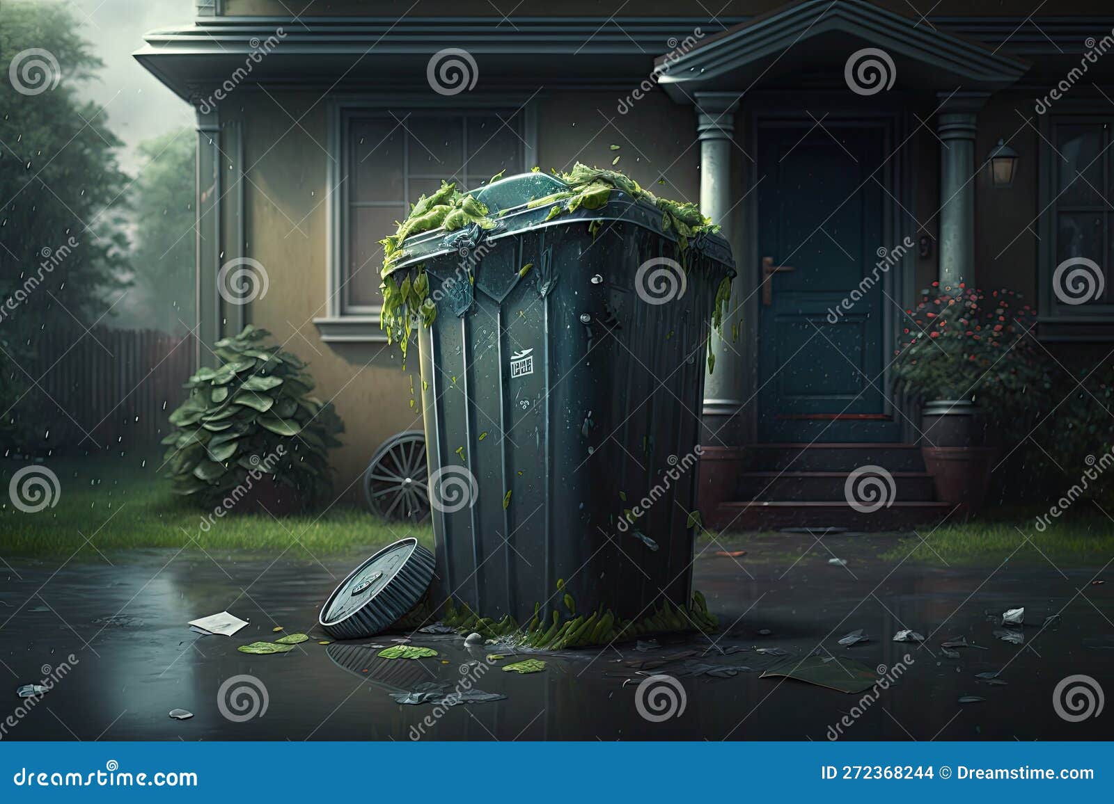Overflowing Garbage Bin in Yard of Residential House after Rain Stock ...