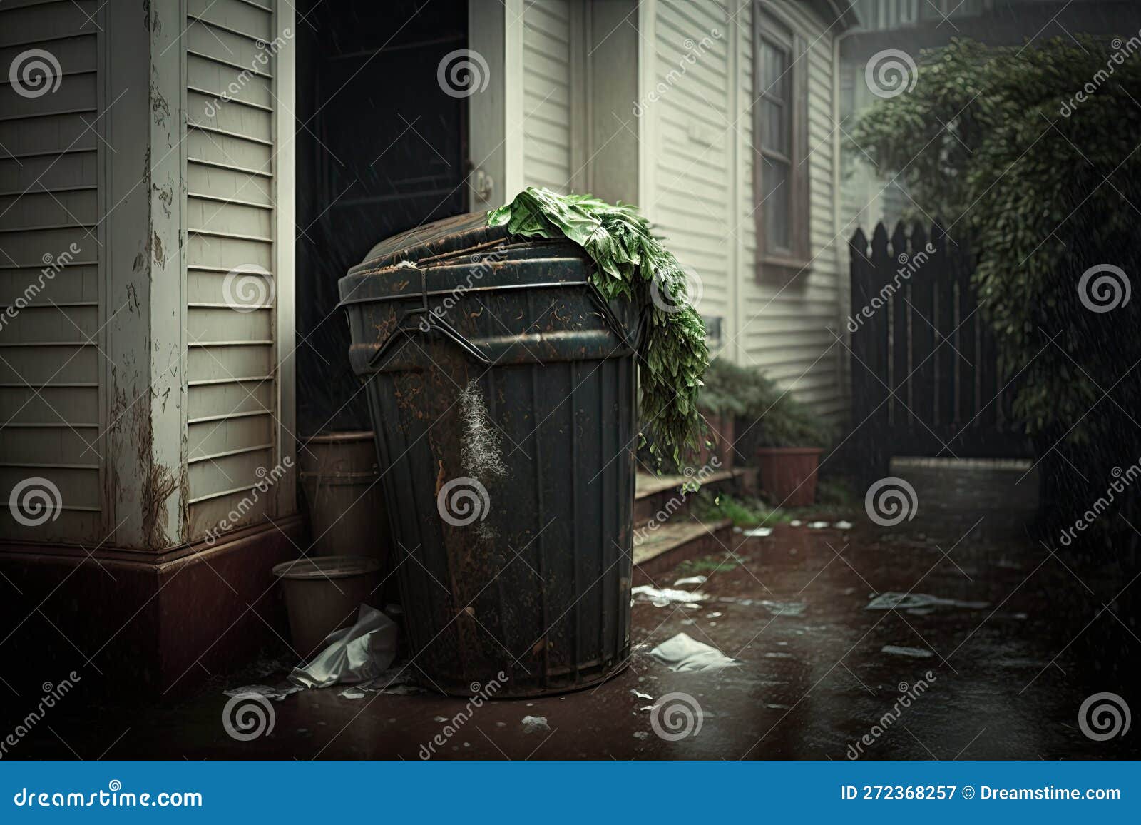 Overflowing Garbage Bin in Yard of Residential House after Rain Stock ...