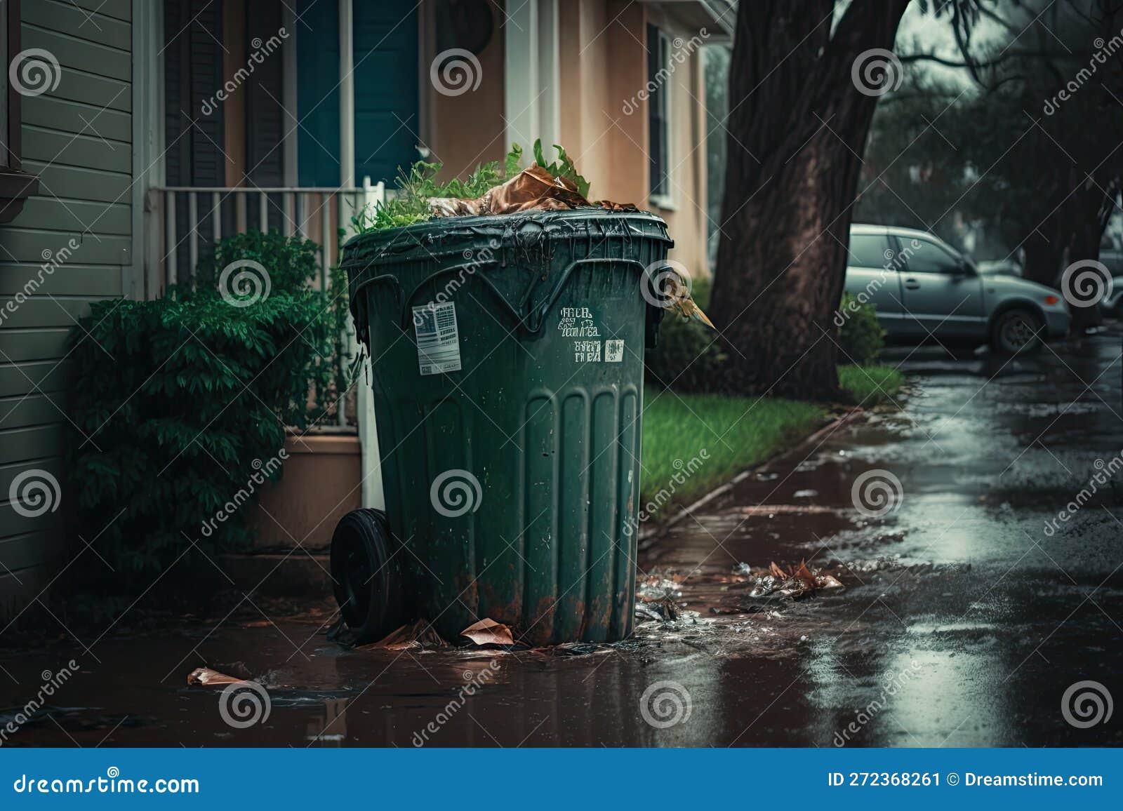 Overflowing Garbage Bin in Yard of Residential House after Rain Stock ...