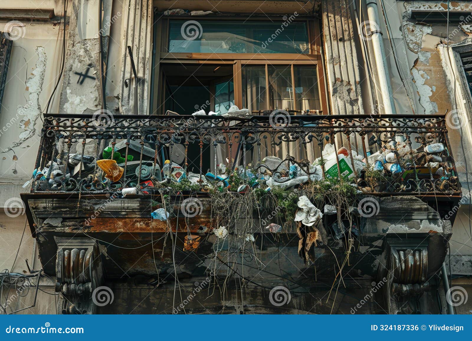 Old Balcony Overfilled with Garbage and Plants is Showing Neglect and ...